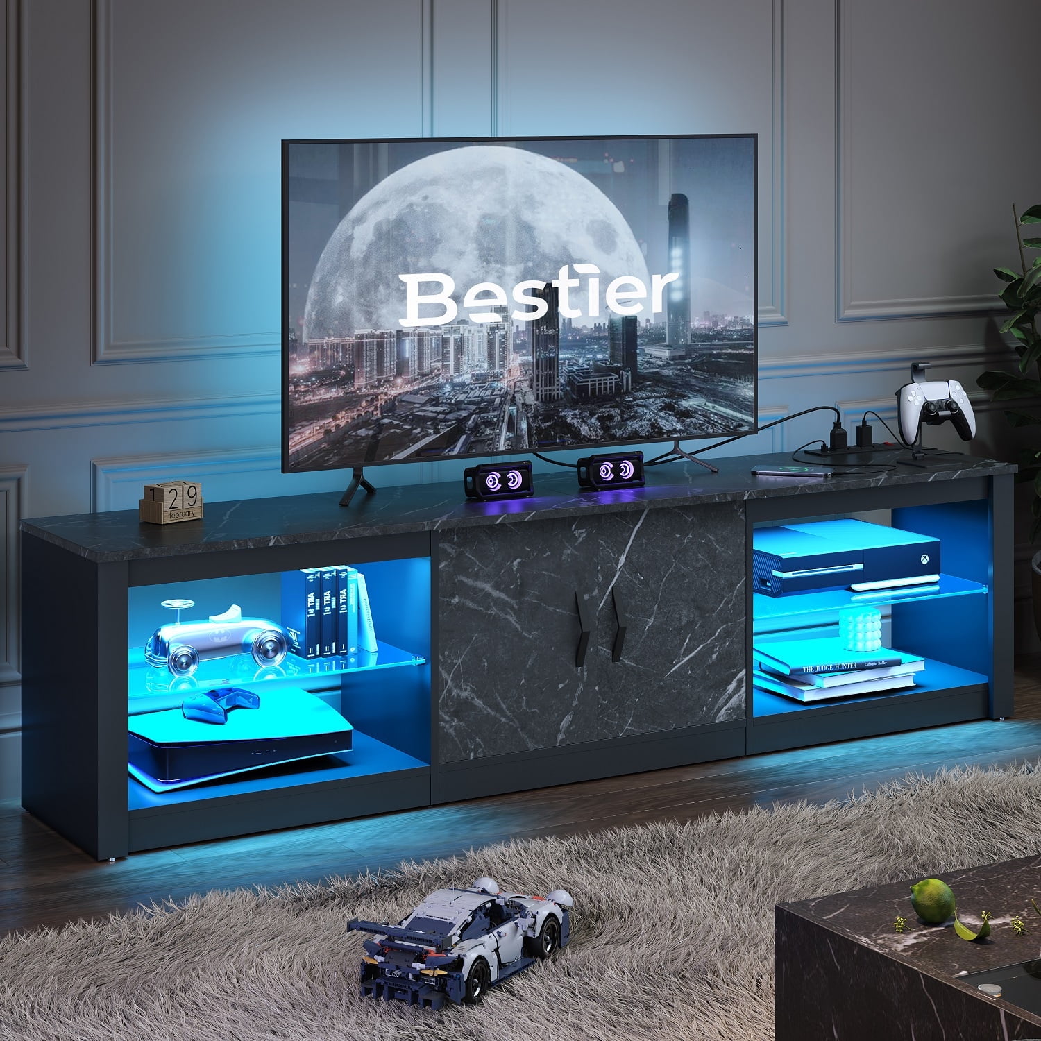 "Bestier Modern 75"" TV Stand, RGB LED Lights & Power Outlet, Glass ...