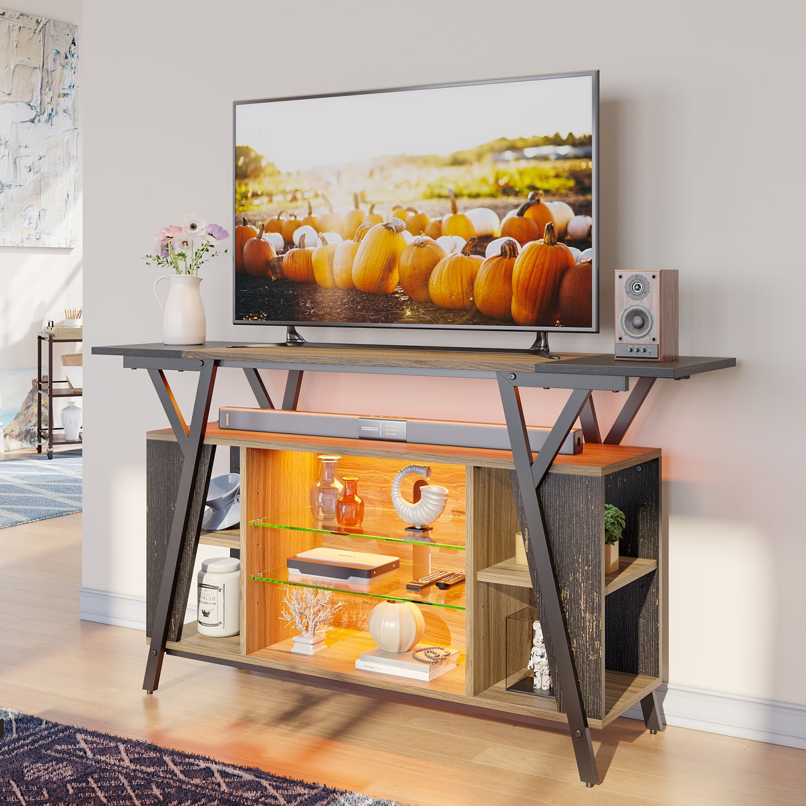 Bestier TV Stand with Power Outlets & RGB LED Lights, Console Table for ...