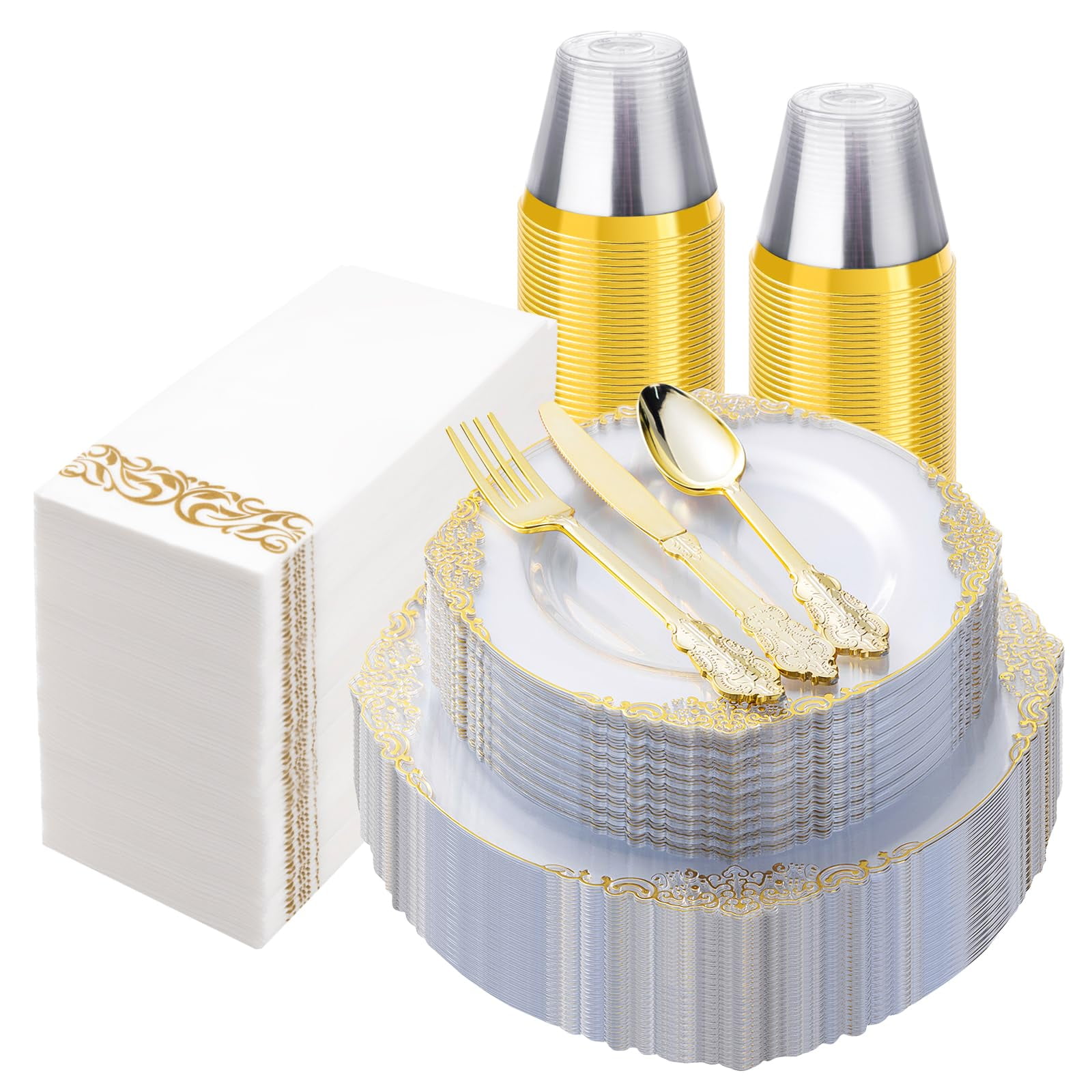 Bestluck 350PCS Clear Gold DEF29 Plastic Plates for 50 Guests ...