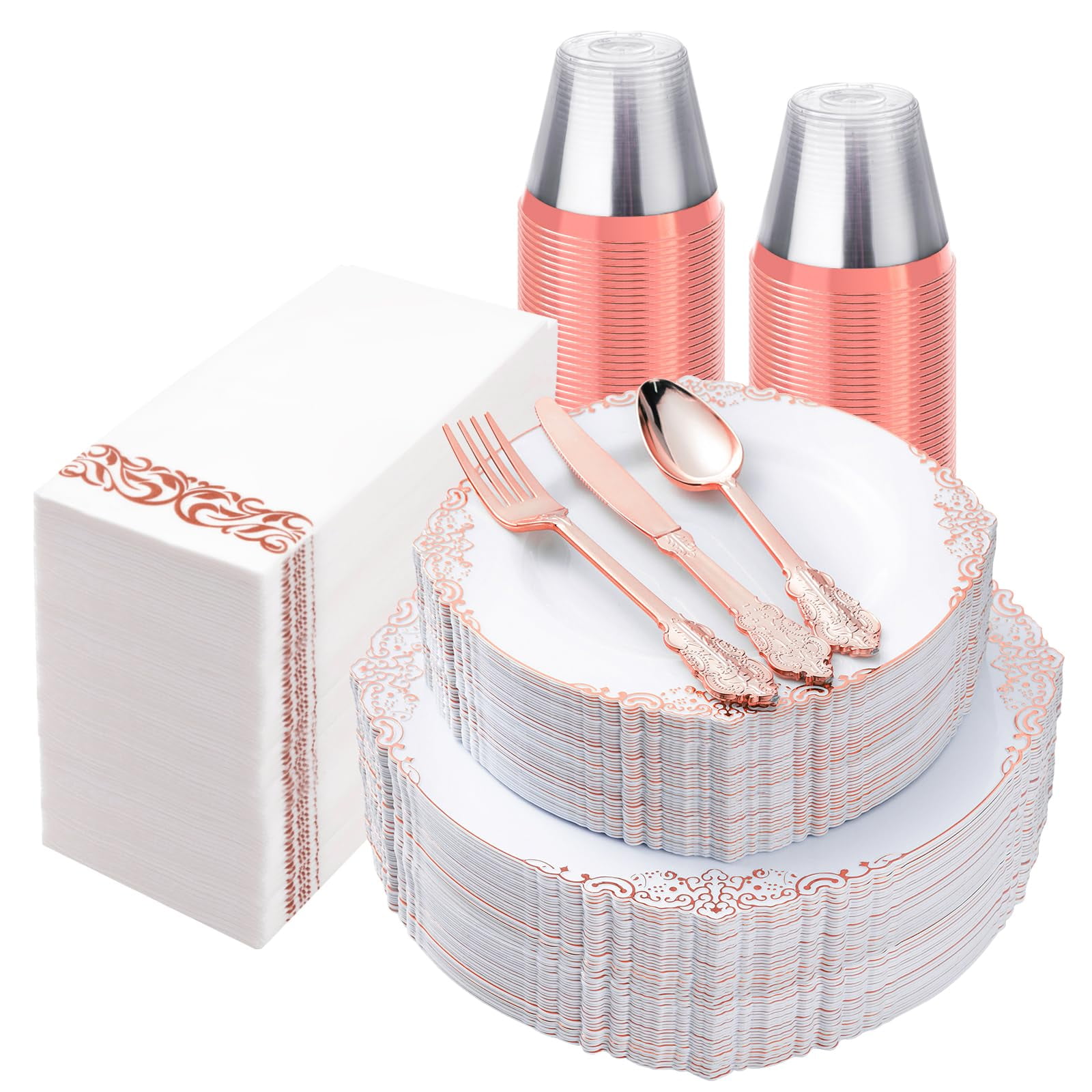 Bestluck 350PCS Rose Gold OKA4 Plastic Plates for 50 Guests, Disposable ...