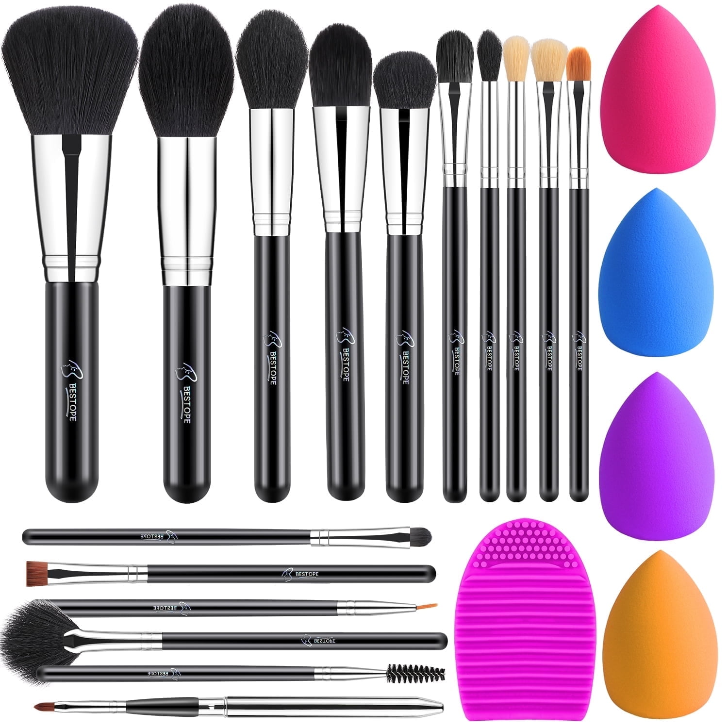 Bestope 16Pcs Makeup Brush Set with Synthetic Fibers, Sponge *4, Black ...