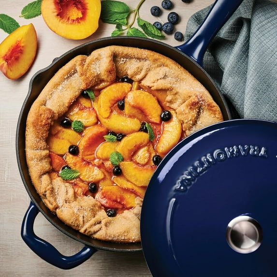 Bestow Enameled Cast Iron Skillet with Lid, 10-inch Frying Pan, Blue ...