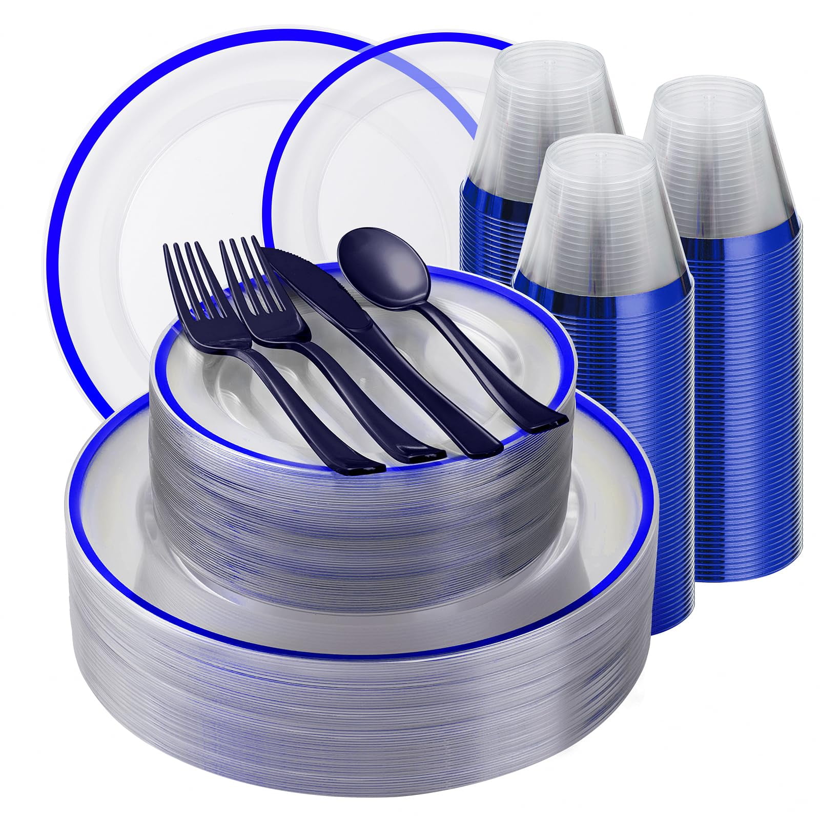 Beststar 350PCS Blue and Clear Plastic Dinnerware Sets for 50 Guests ...