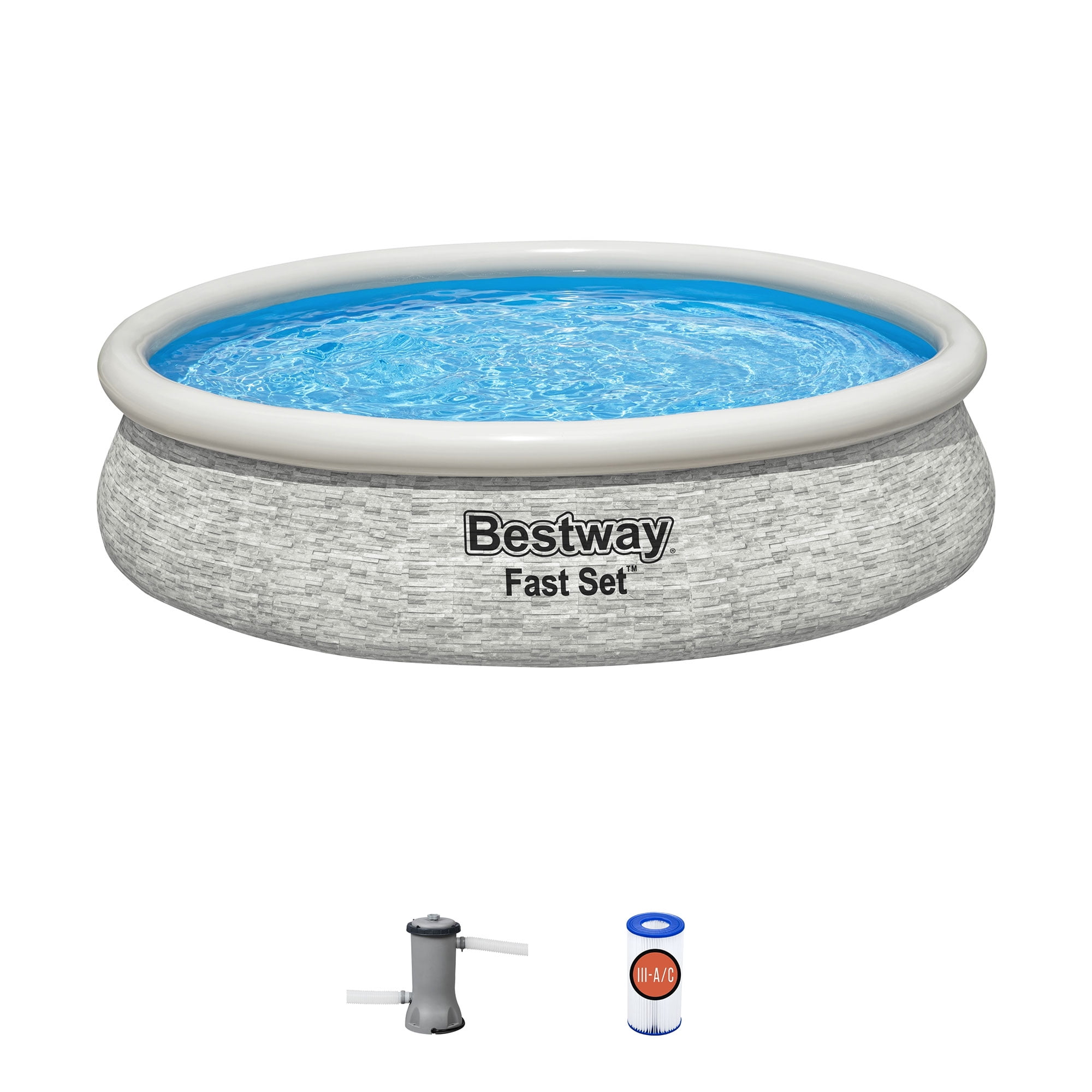 "Bestway 12' x 30"" Fast Set Round Inflatable Stacked Stone Swimming ...