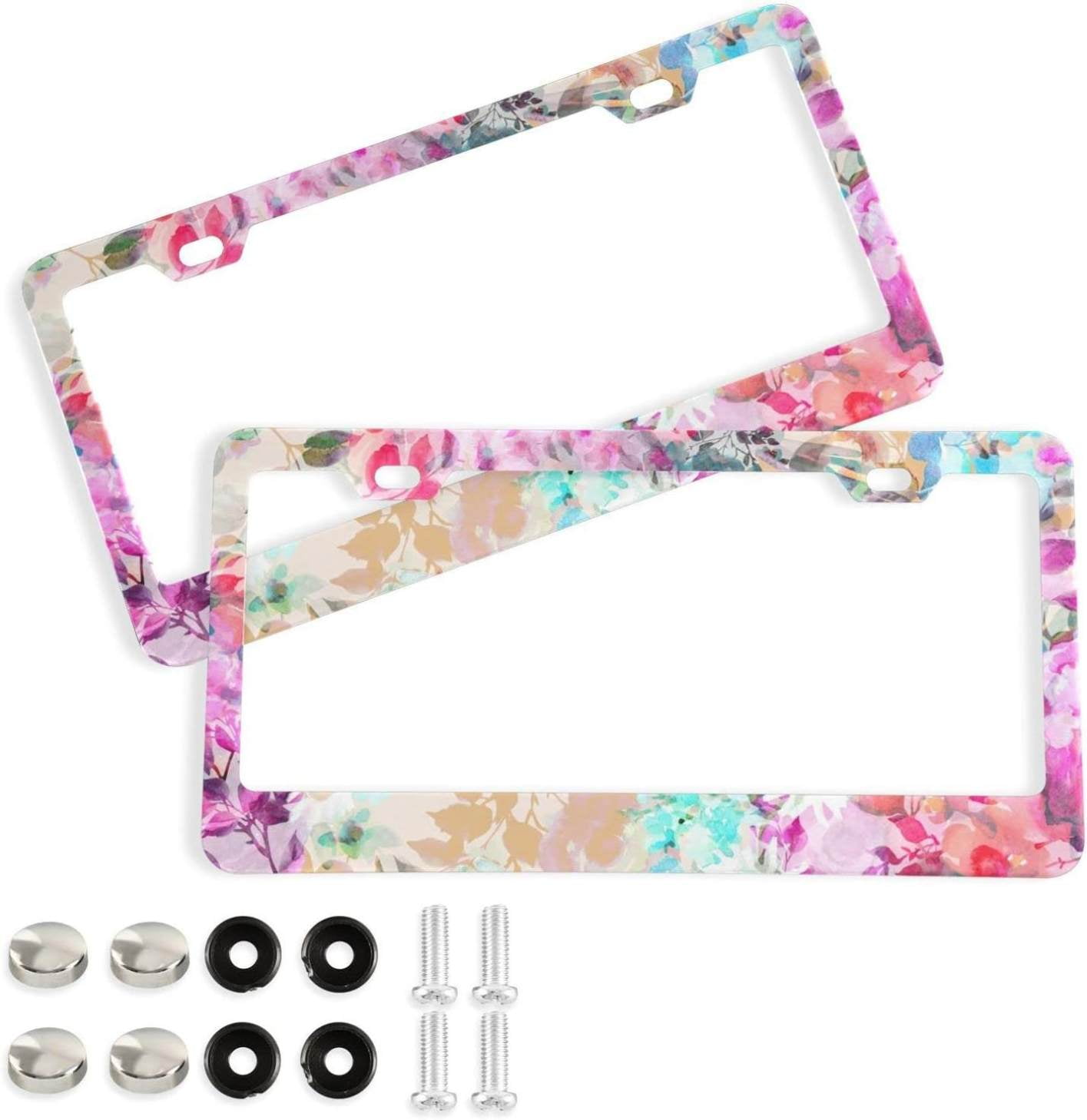 Bestwell 2 pack Watercolor Bouquet 2 Holes Car License Plate Frames ...