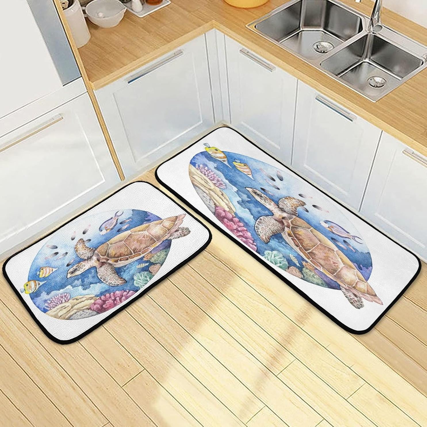 Bestwell 2PCS Watercolor Sea Turtle Kitchen Rug and Mat, Coral Fish ...