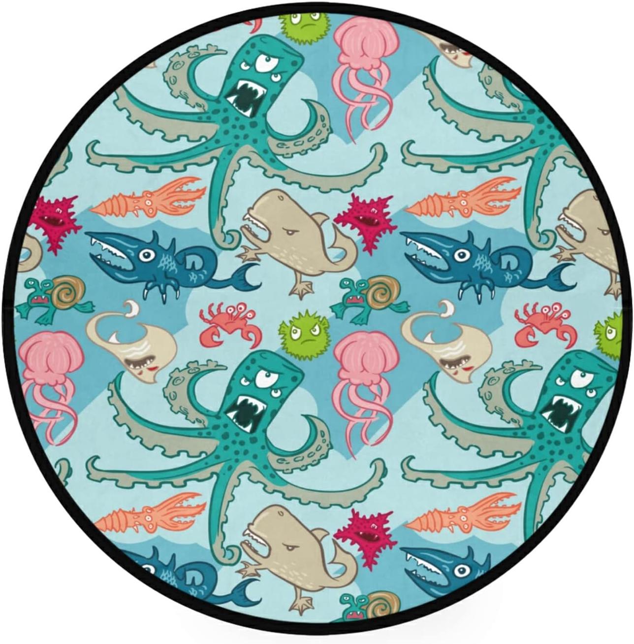 Bestwell 3 x 3 Feet Funny Underwater Monster Round Area Rug Chair Couch ...