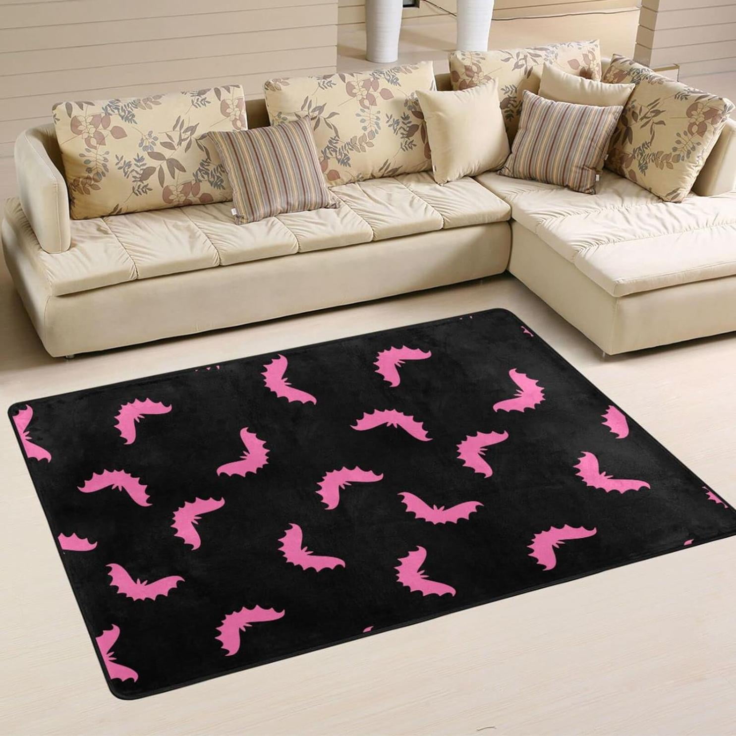 Bestwell 72×48 inch Halloween Pink Bat Silhouette Non-Slip Area Rug ...
