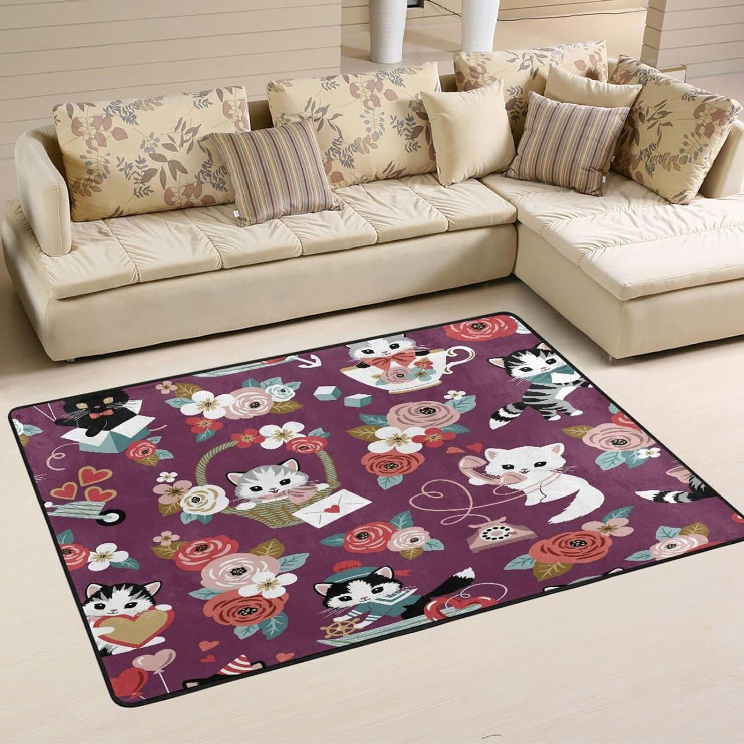 Bestwell 72×48 inch Vintage Valentine Cats Non-Slip Area Rug, Flowers ...