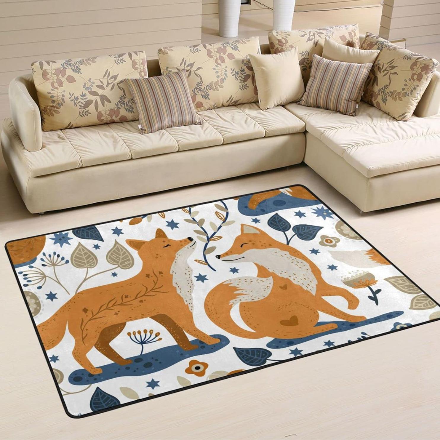 Bestwell Autumn Fall Fox Area Rug, 36×24in, Folk Floral Wildlife Non ...