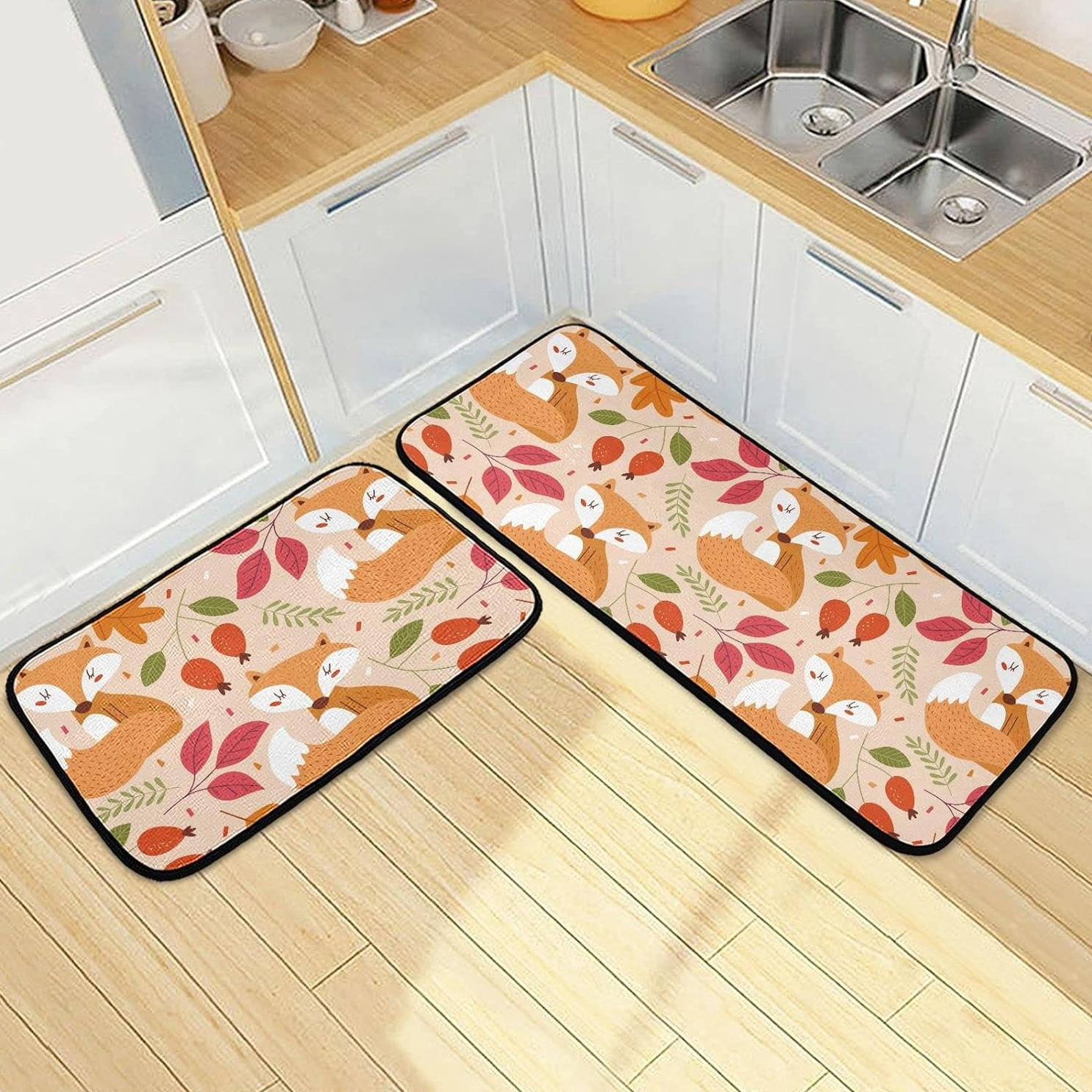 Bestwell Autumn Forest Kitchen Rugs Set of 2, Fox Leaves Floor Runner ...