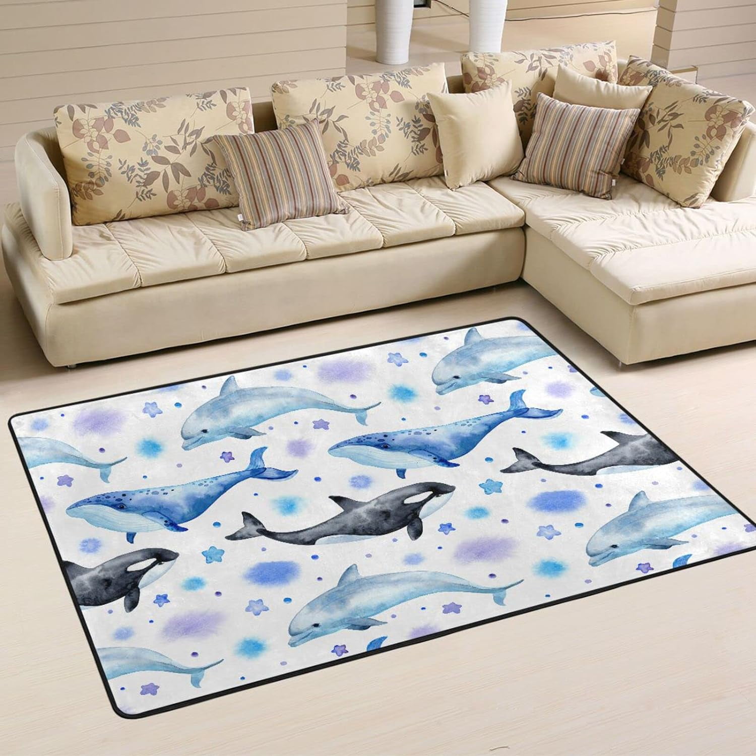 Bestwell Blue Dolphin Killer Whale Area Rug 72×48in Watercolor Summer ...