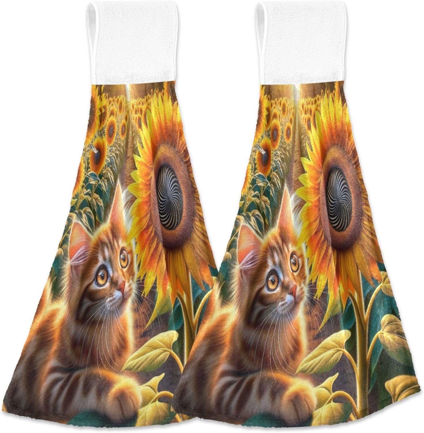 Bestwell Cat Sunflower Sunrise Kitchen Hanging Hand Towels, Cute Floral ...