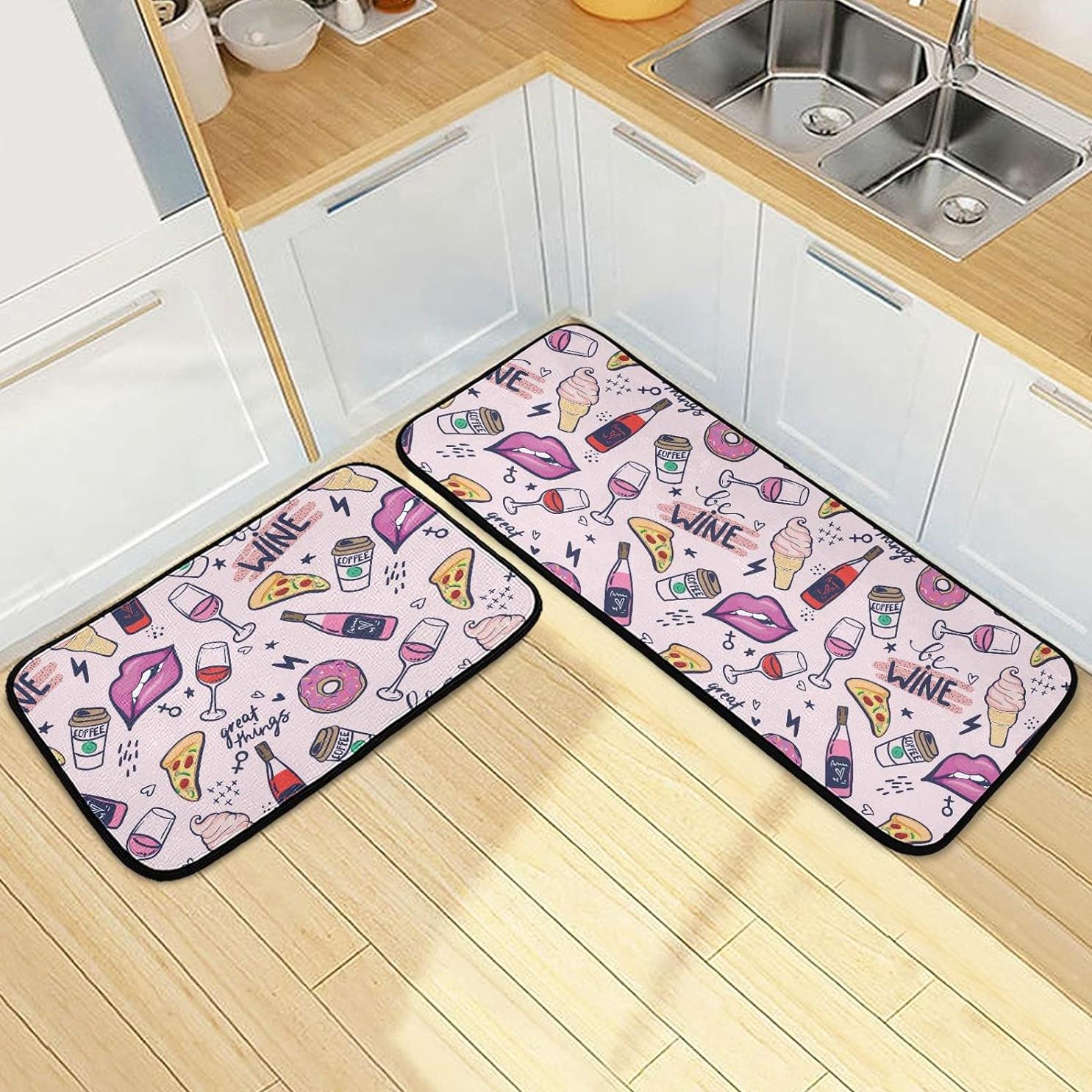Bestwell Coffee Wine Theme Kitchen Mat and Rug Set of 2, Funny Pizza ...