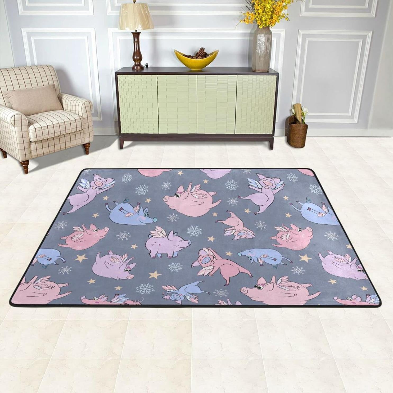 Bestwell Cute Cartoon Pink Pig Non-Slip Area Rug, Winter Snowflake ...