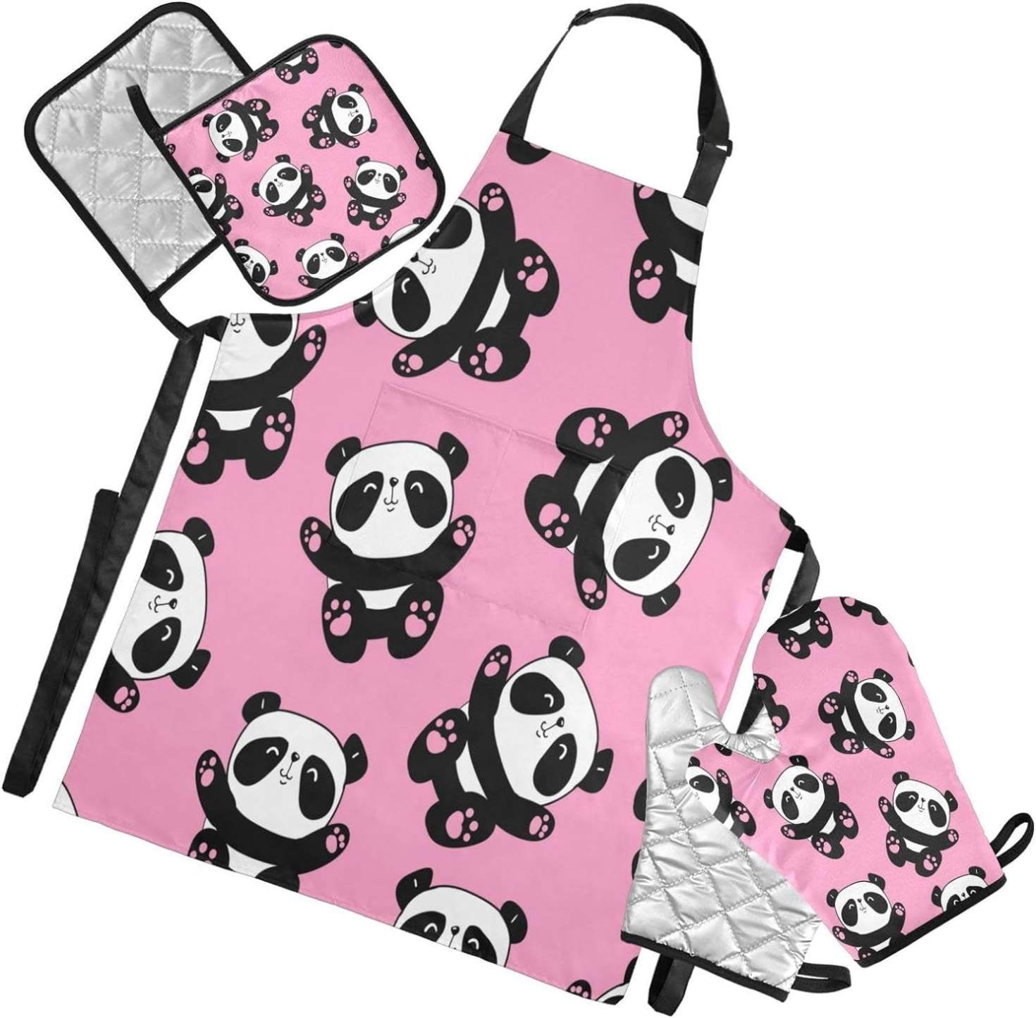 Bestwell Cute Pink Panda Kitchen Apron Sets,1 Waterproof Apron with ...
