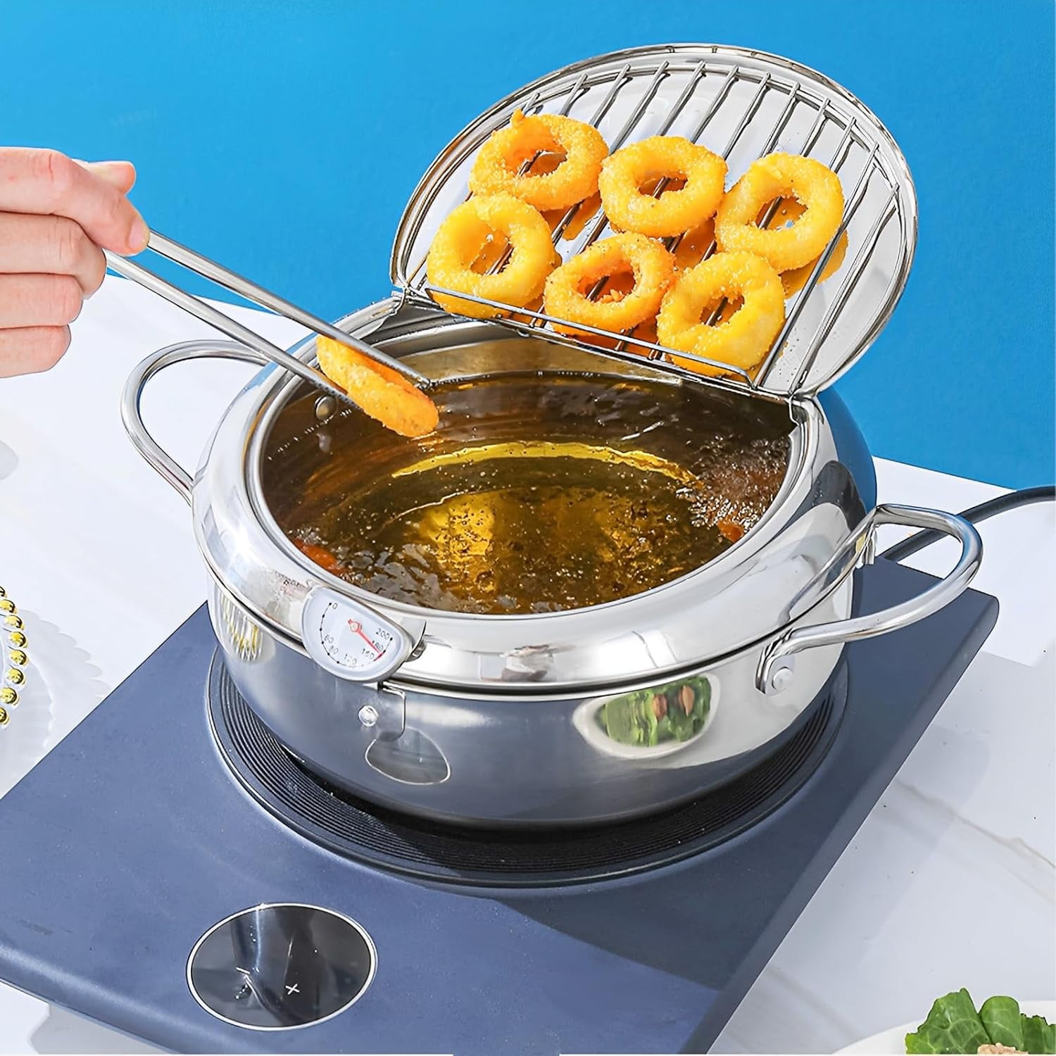 Bestwell Deep Fryer Pot with Strainer Basket and Thermometer Stainless ...