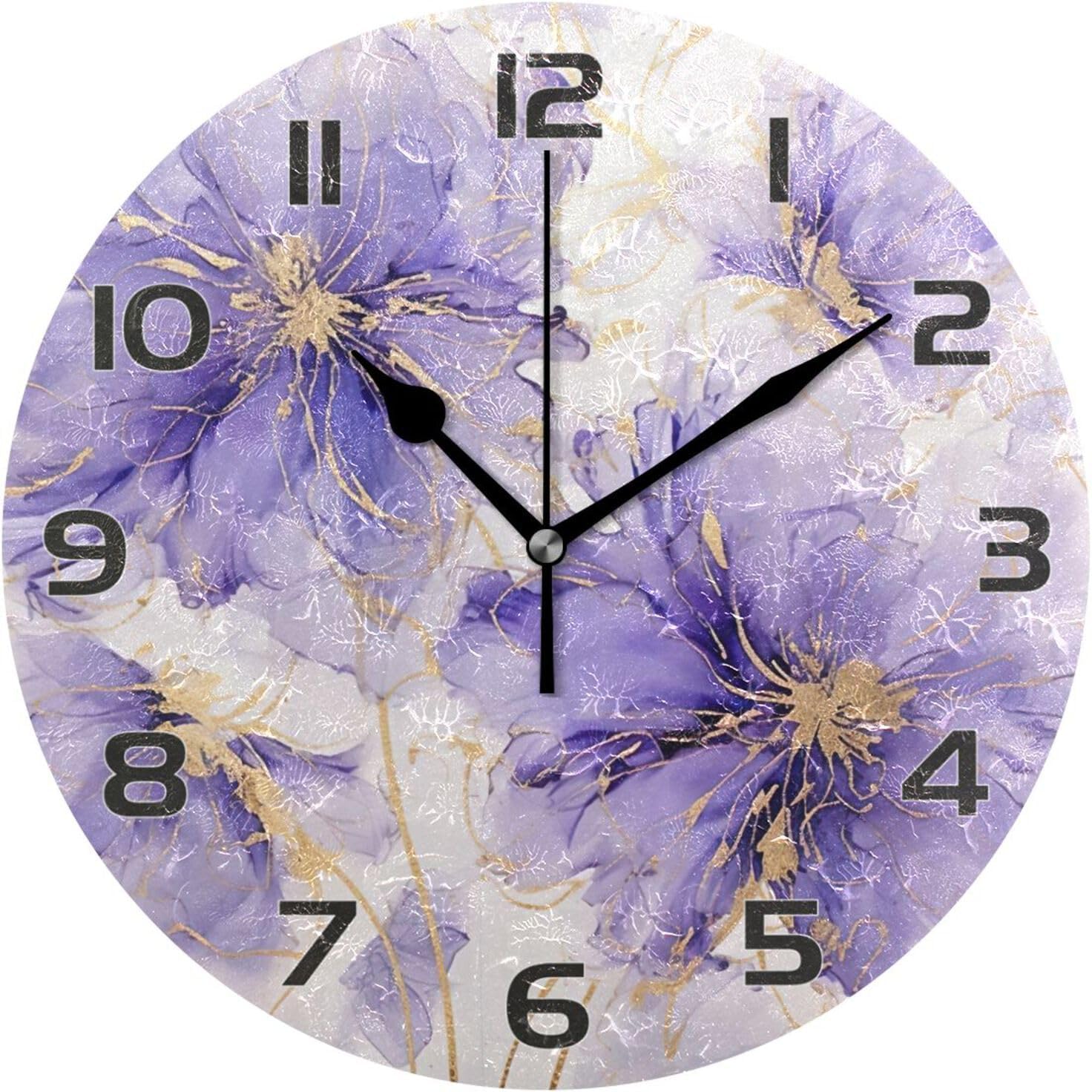 Bestwell Doodle Purple and Gold Flowers Wall Clock, Round Silent Wall ...