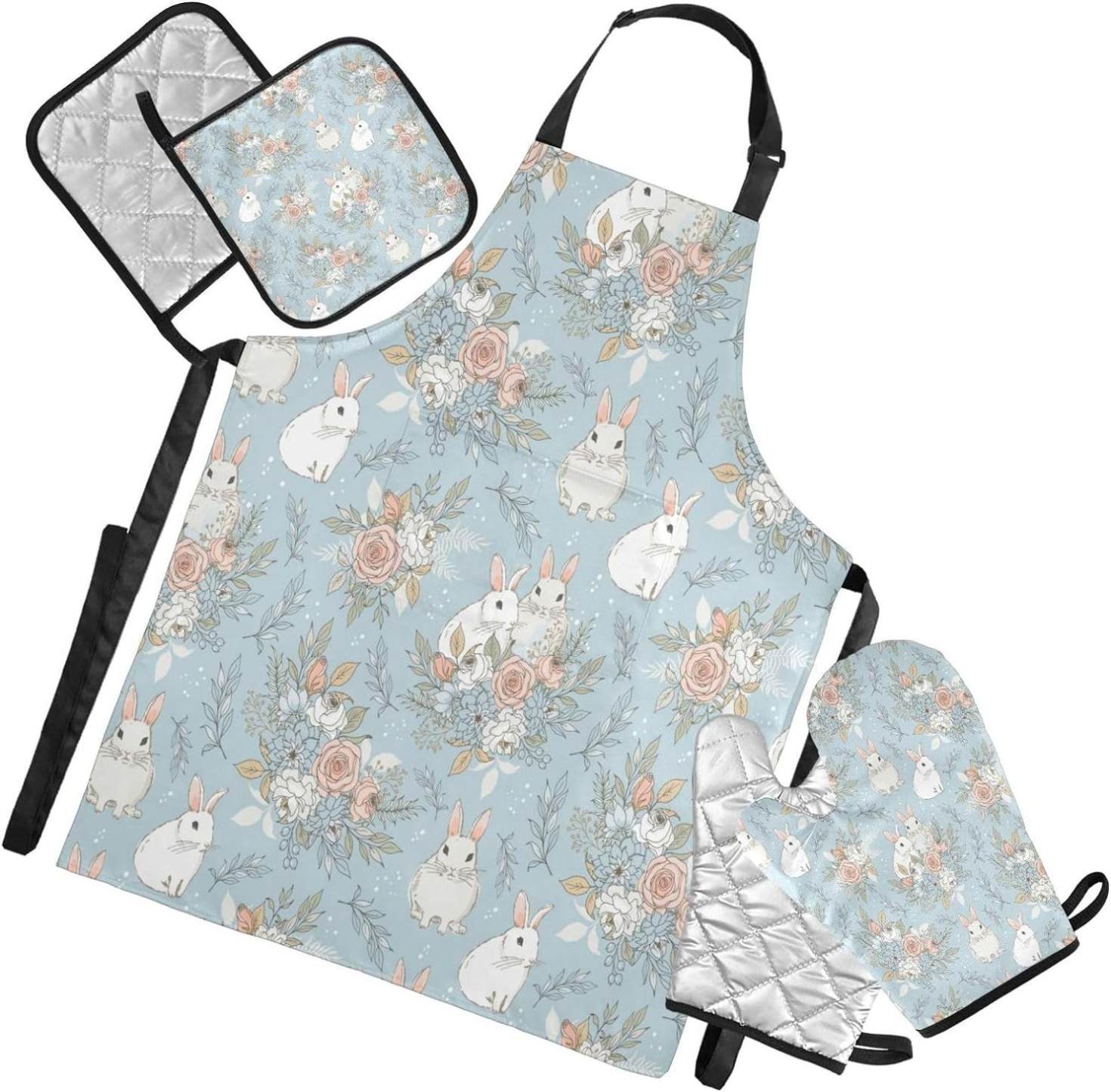 Bestwell Easter Flower Bunny Kitchen Apron Sets,1 Waterproof Apron with ...