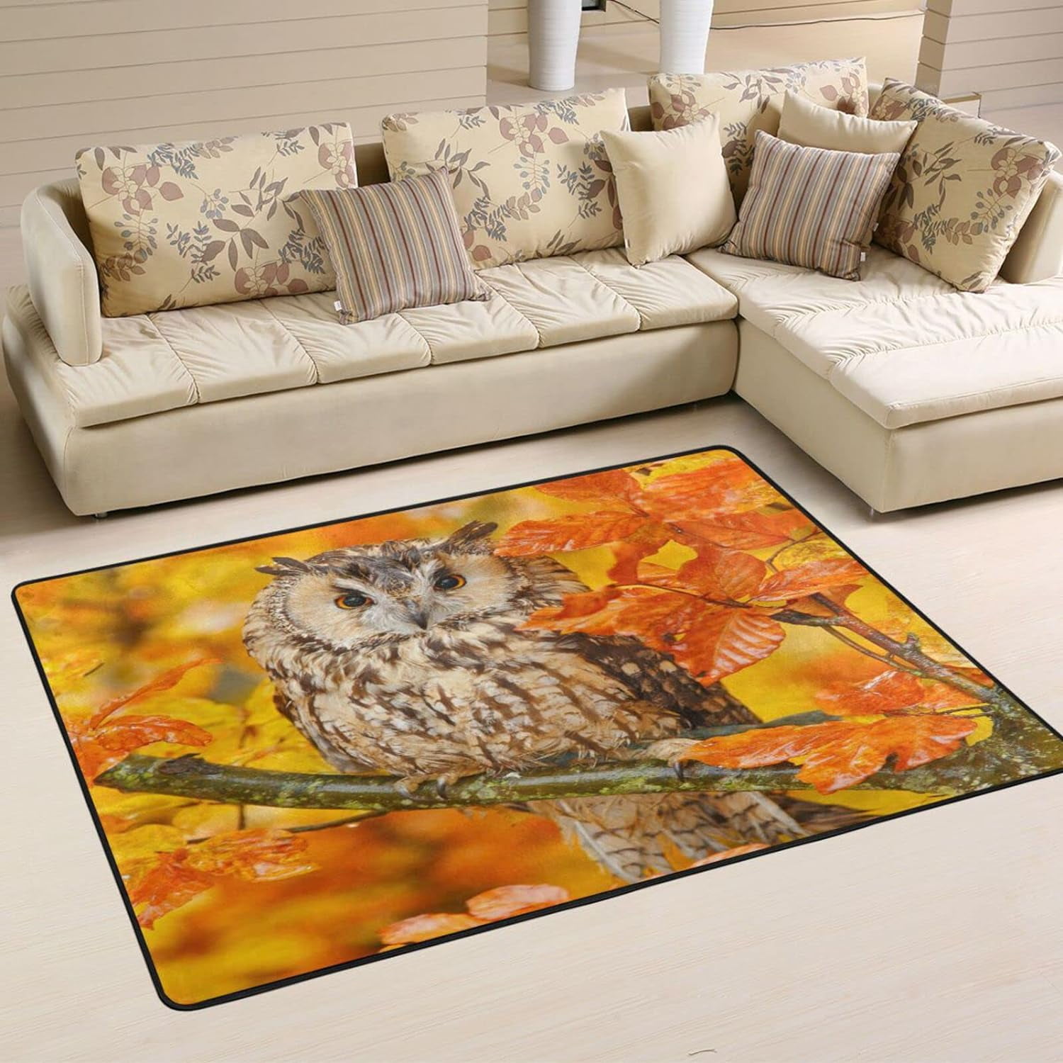 Bestwell Fall Cute Owl Area Rug 72×48in Autumn Yellow Leaves Non-Slip ...