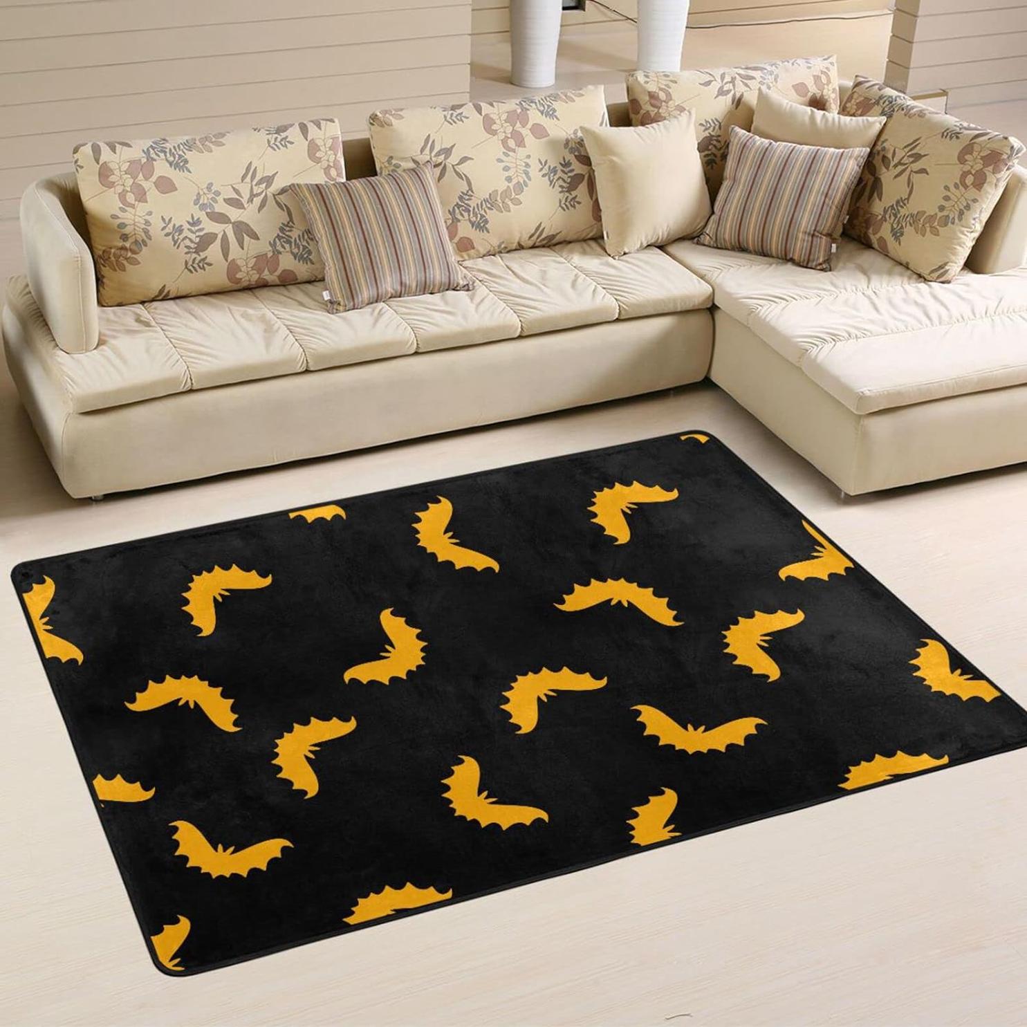 Bestwell Halloween Orange Bat Silhouette Non-Slip Area Rug, Black ...