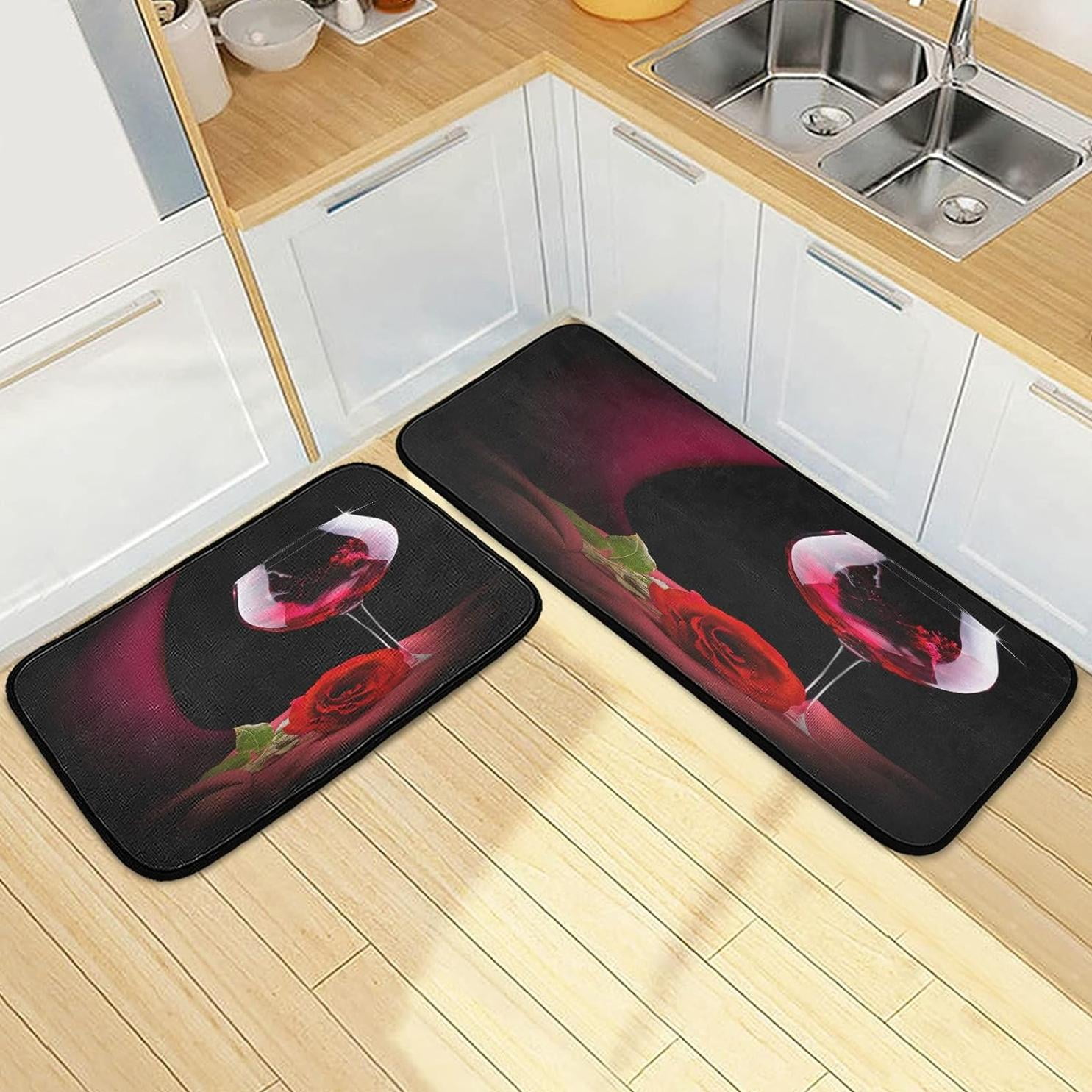 Bestwell Luxury Wine Glass Kitchen Rugs Set of 2, Red Rose Flower Floor ...
