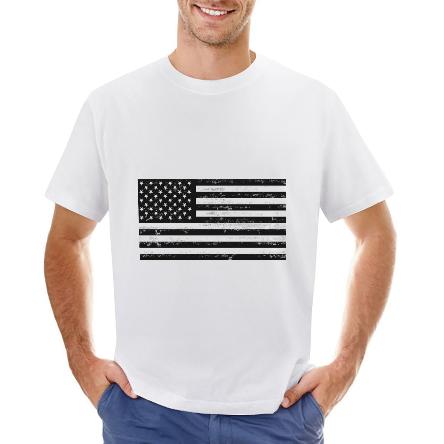 Bestwell Men's Classic T-shirt, Distressed Black and White American Flag Everyday Tee for Men ...