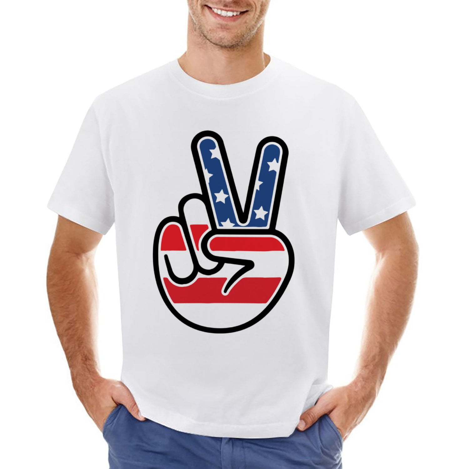 Bestwell Men's Classic T-shirt, Hand Peace Sign with American Flag ...