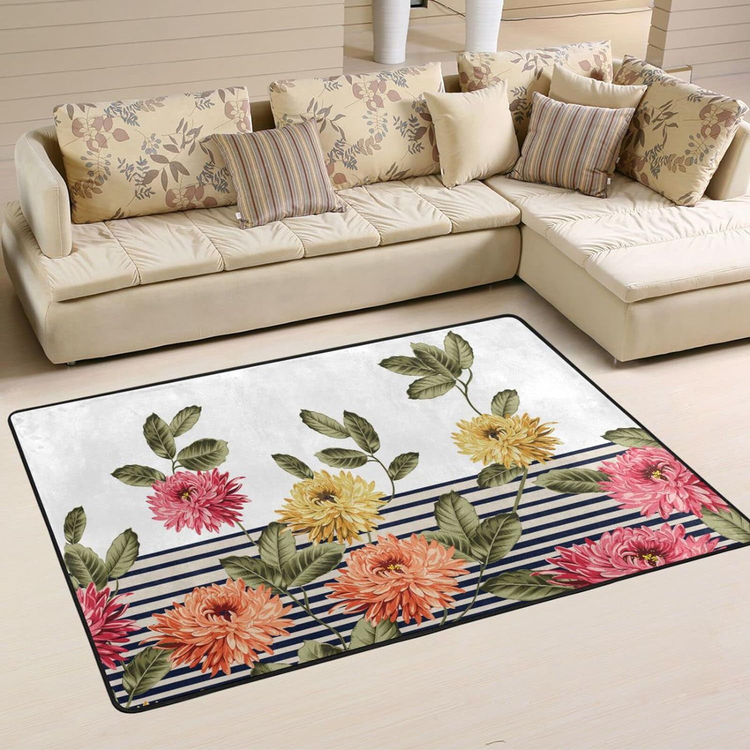 Bestwell Pink Orange Yellow Flowers Area Rug 72×48in Spring Black White ...