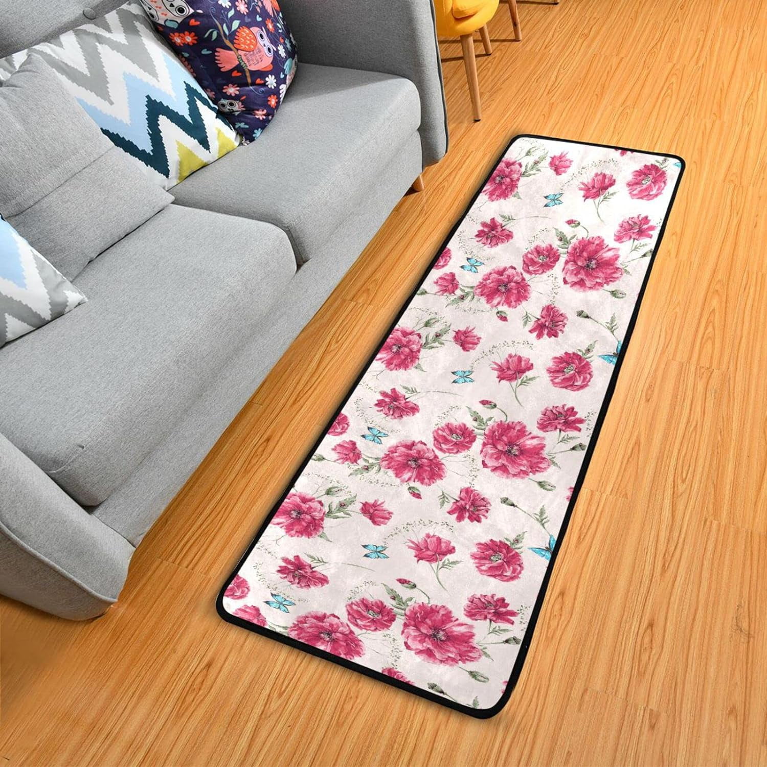 Bestwell Pink Watercolor Flowers Runner Rug 2'×6' with Rubber Backing ...