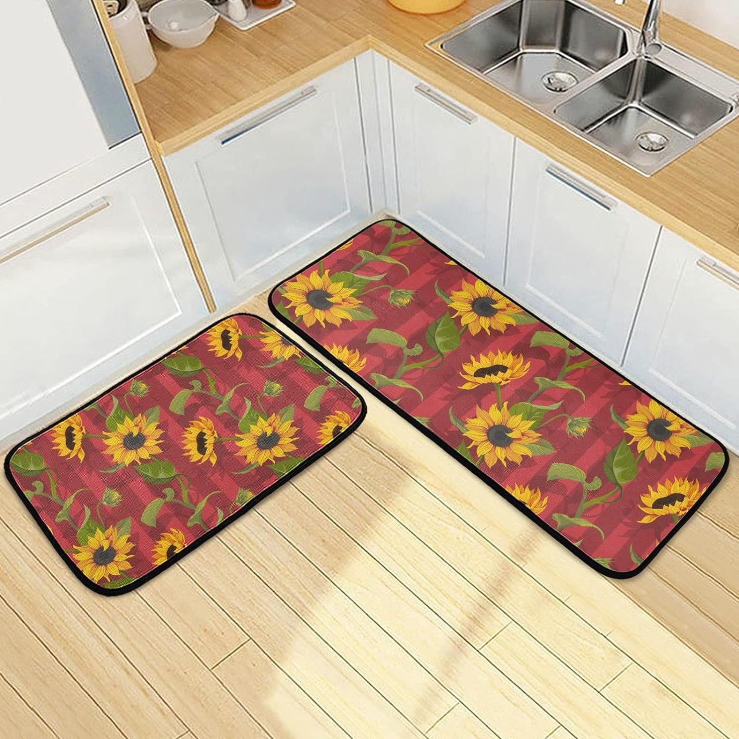 Bestwell Red Stripes Sunflowers Kitchen Rugs Set of 2, Summer Floral ...