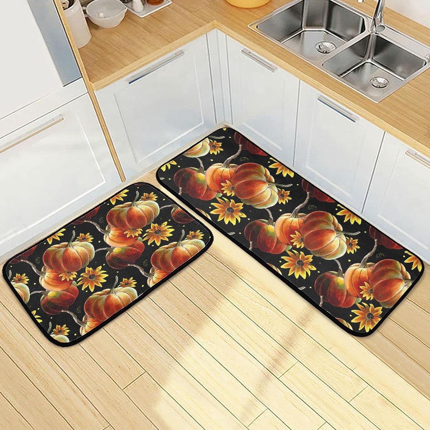 Bestwell Retro Autumn Pumkins Kitchen Rugs Set of 2, Fall Yellow ...
