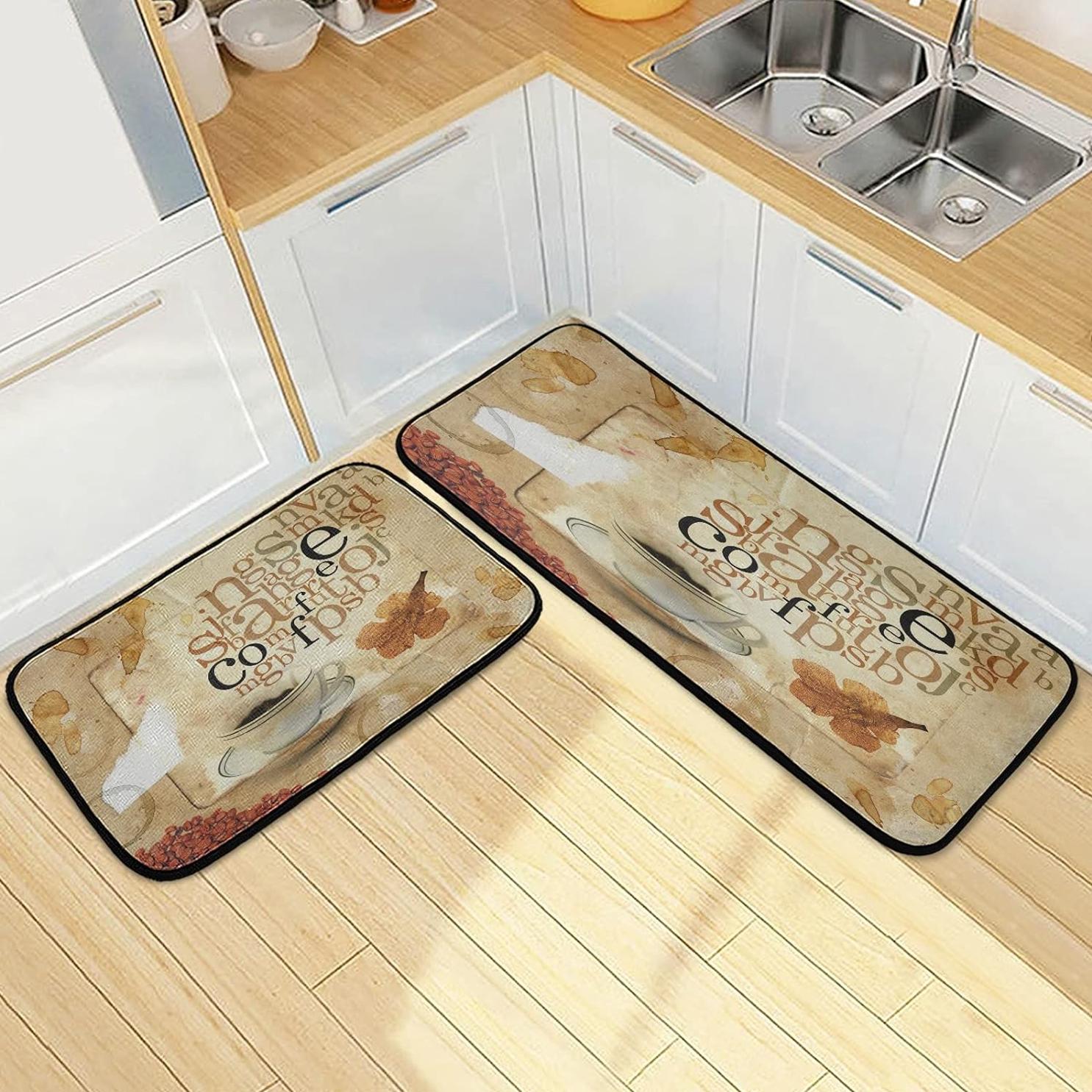 Bestwell Retro Coffee Bean Kitchen Rugs Set of 2, Vintage Cafe Floor ...