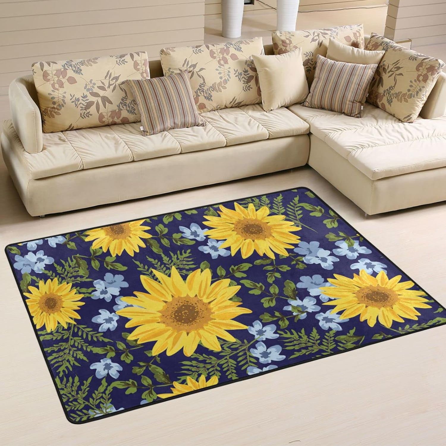 Bestwell Retro Sunflowers Area Rug 36×24in Blue Flowers Small Non-Slip ...