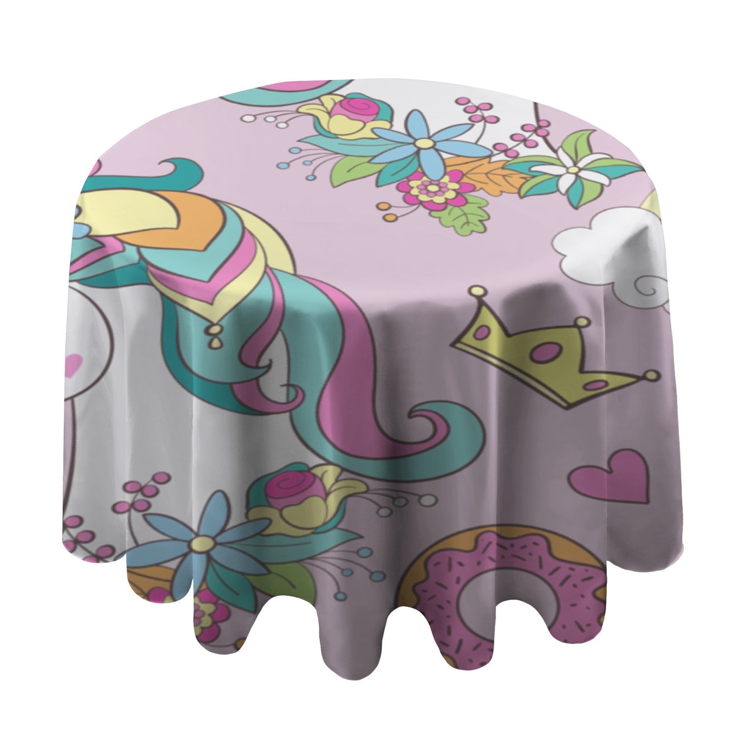 Bestwell Round Tablecloth Polyester, Pink Castle Unicorn And Rainbow ...