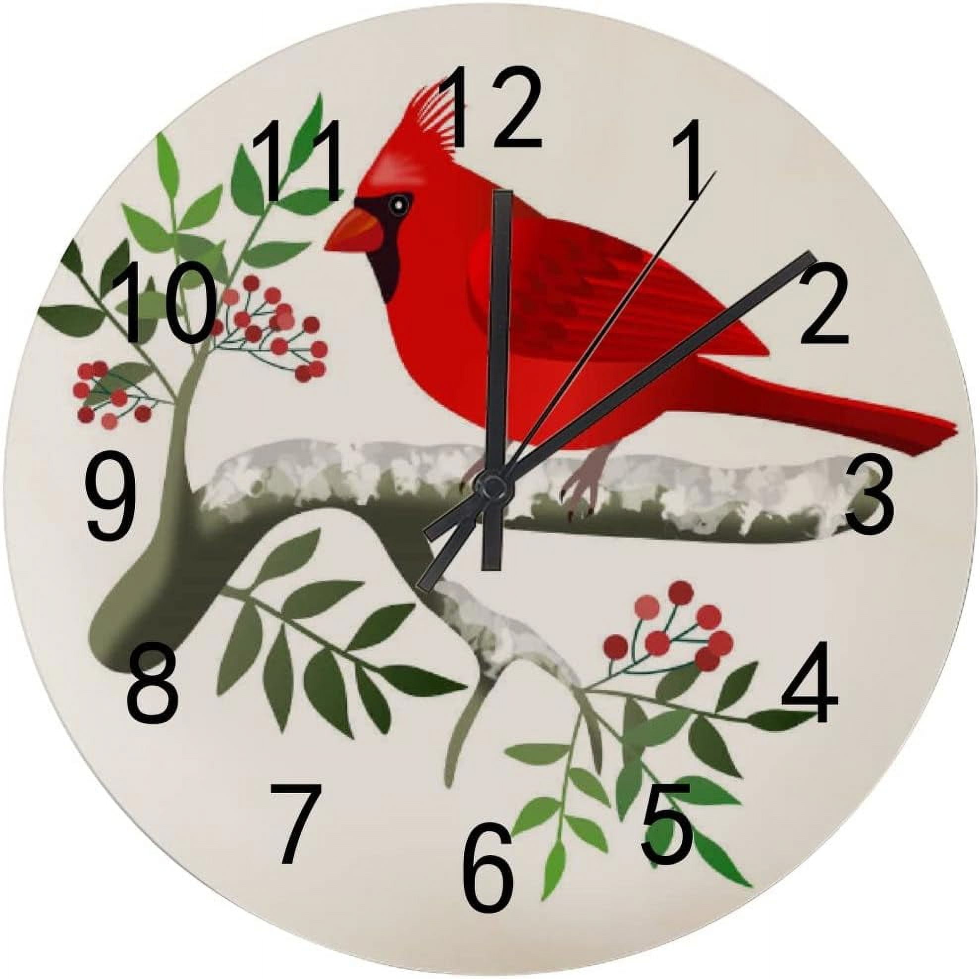 Bestwell Silent Wooden Round Wall Clock Cardinal Bird on Branches with ...