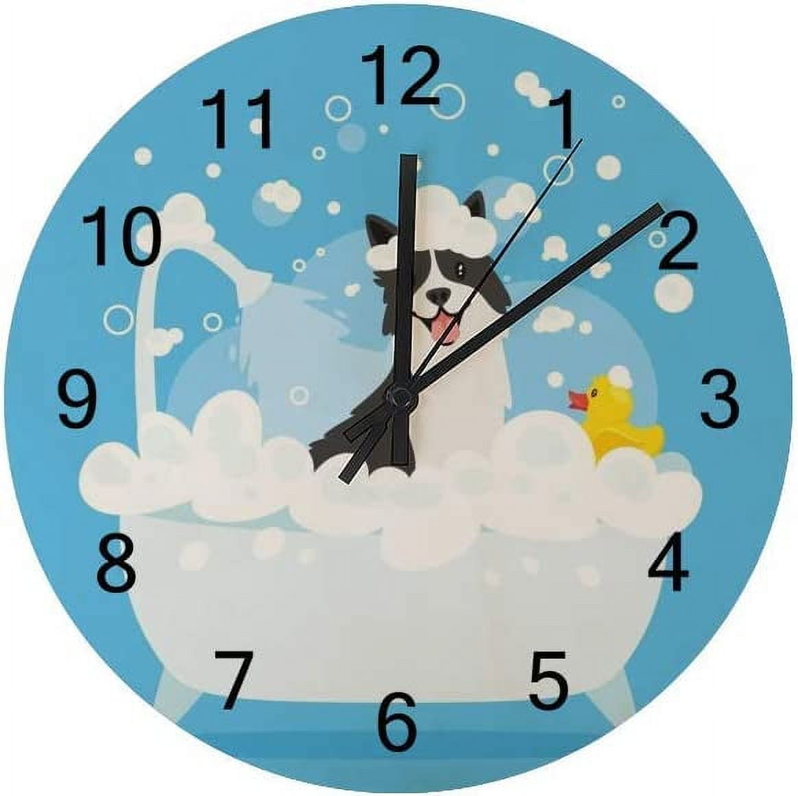Bestwell Silent Wooden Round Wall Clock Cute Border Collie Dog Taking ...