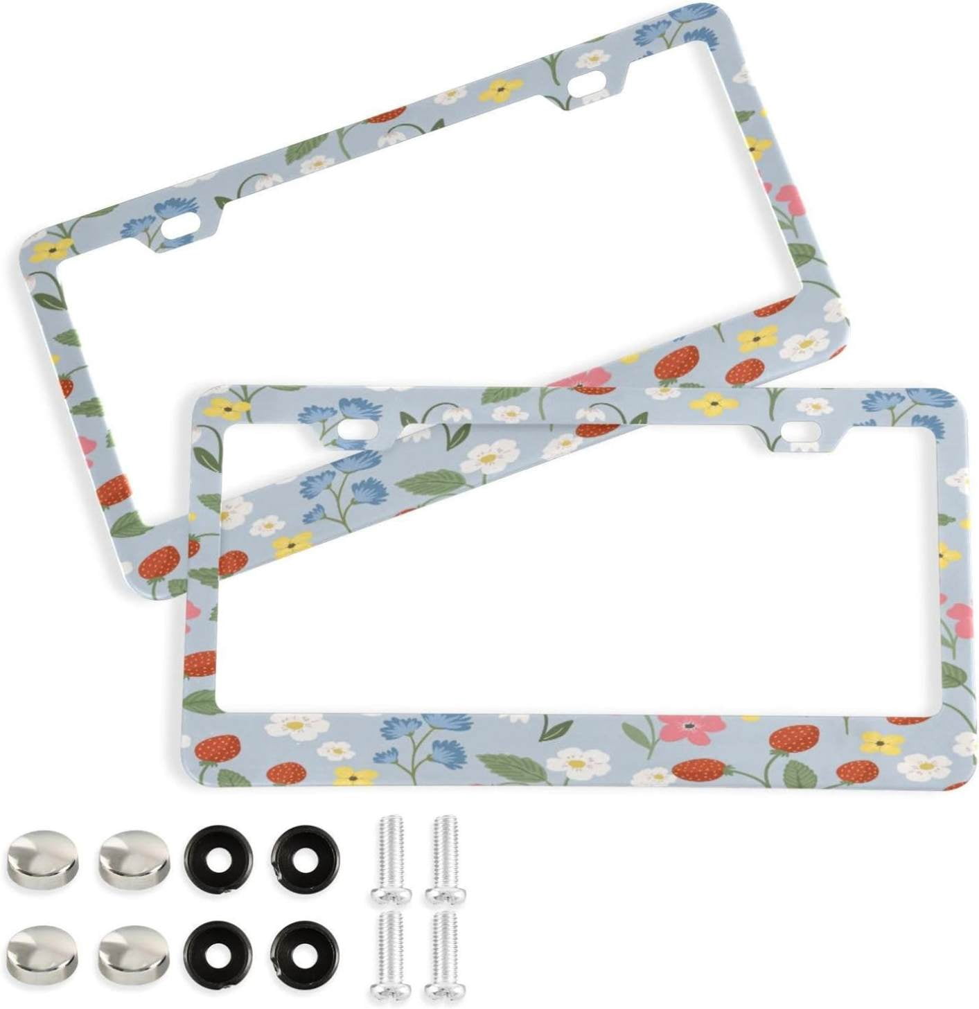 Bestwell Strawberry Flowers License Plate Frame 2 Pack 2 Holes Car ...