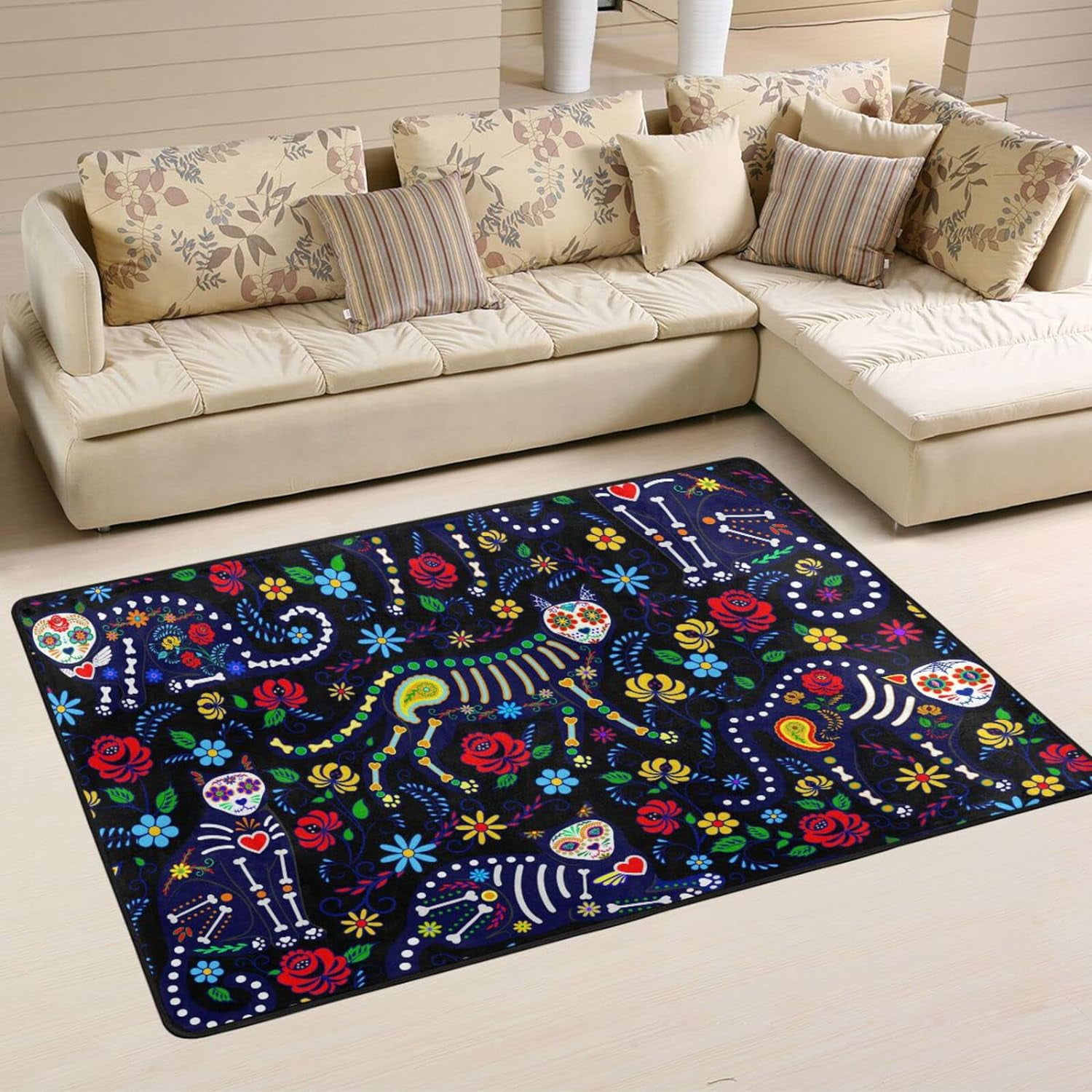 Bestwell Sugar Skeleton Cats Area Rug 72×48in Day of The Dead Non-Slip ...