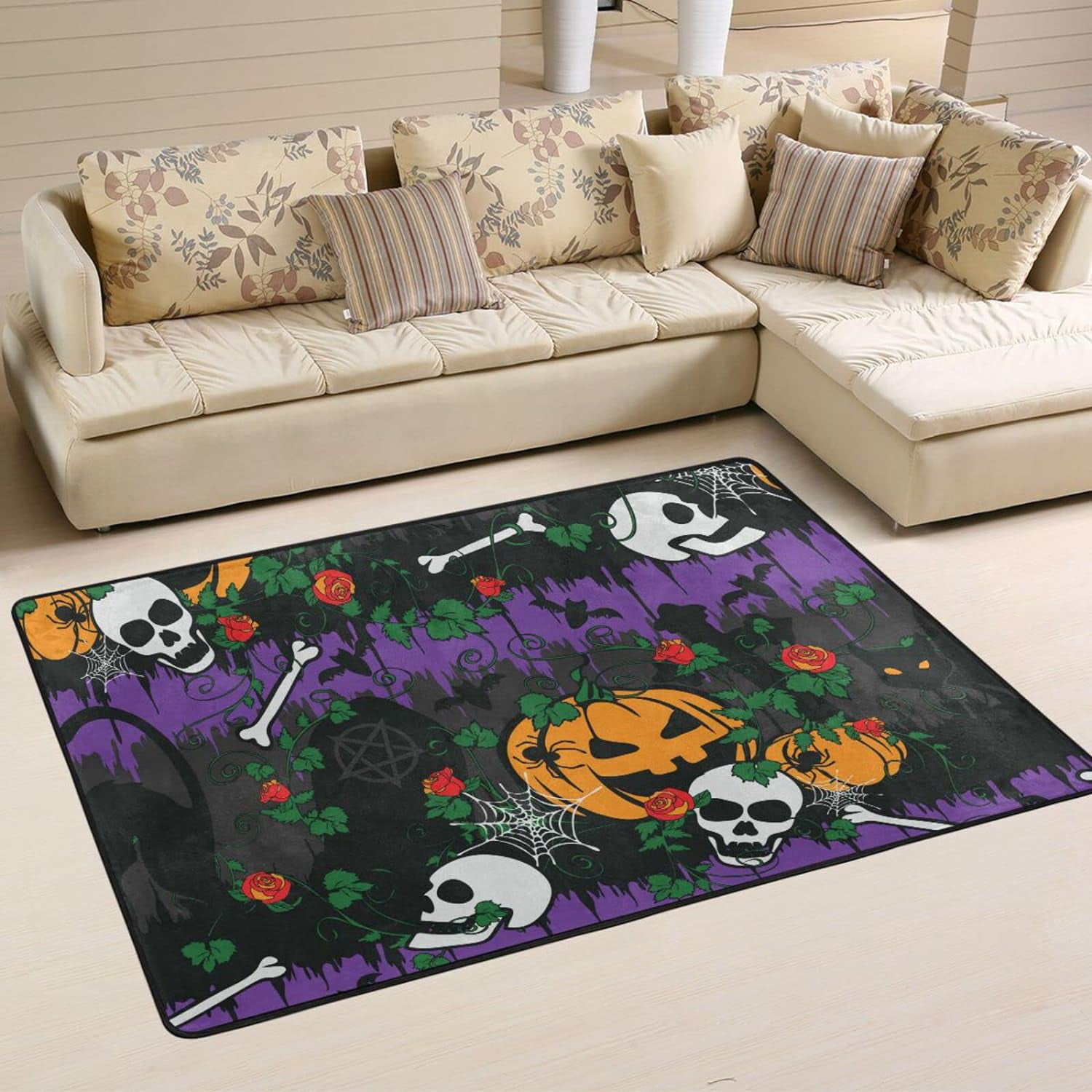 Bestwell Sugar Skull Halloween Area Rug 36×24in Rose Pumpkin Non-Slip ...