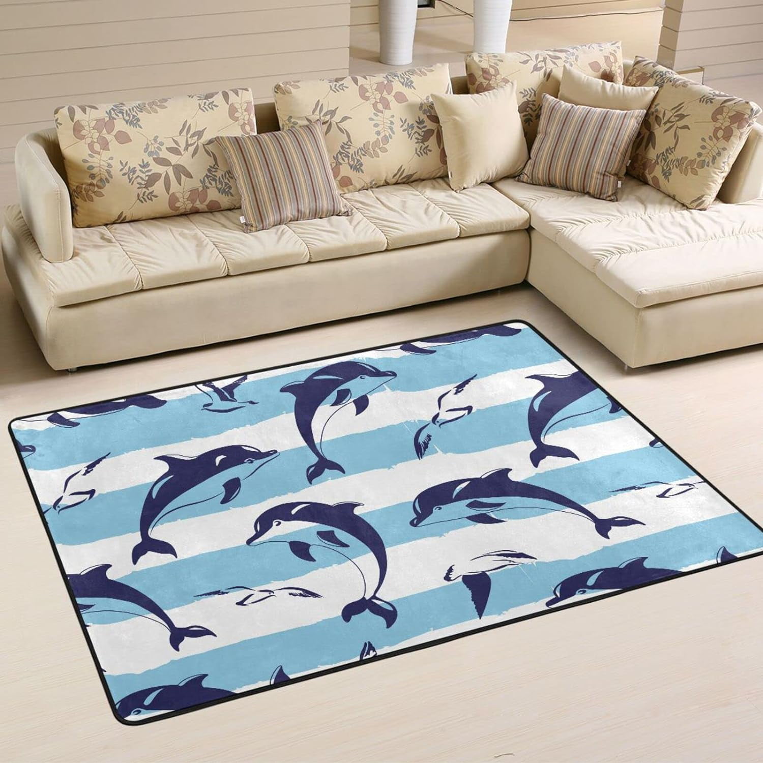 Bestwell Summer Dolphins Animals Area Rug 72×48in Blue White Stripes ...