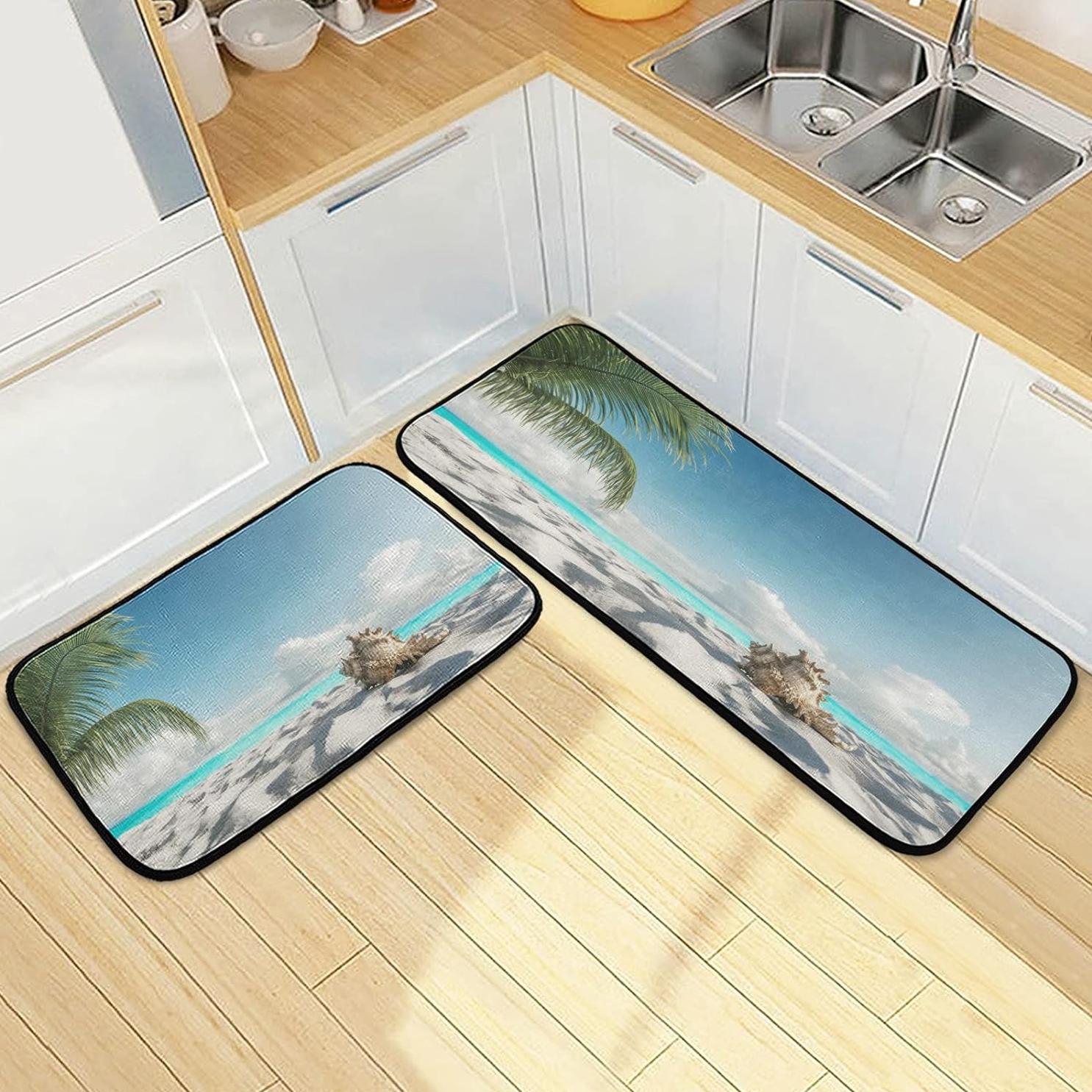 Bestwell Summer Seashell White Sand Kitchen Mats and Rugs, Beach Blue ...