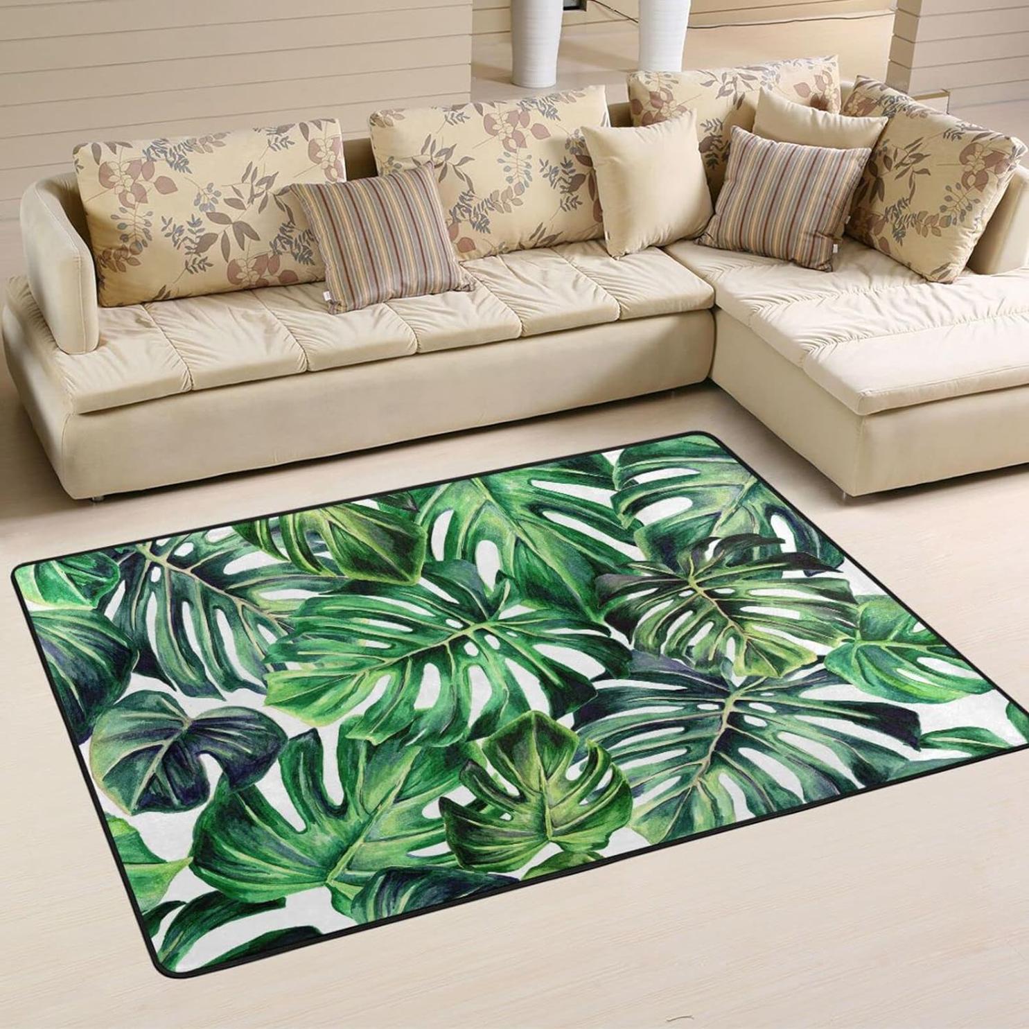 Bestwell Summer Tropical Leaf Area Rug,72"×48" Watercolor Palm Leaves ...