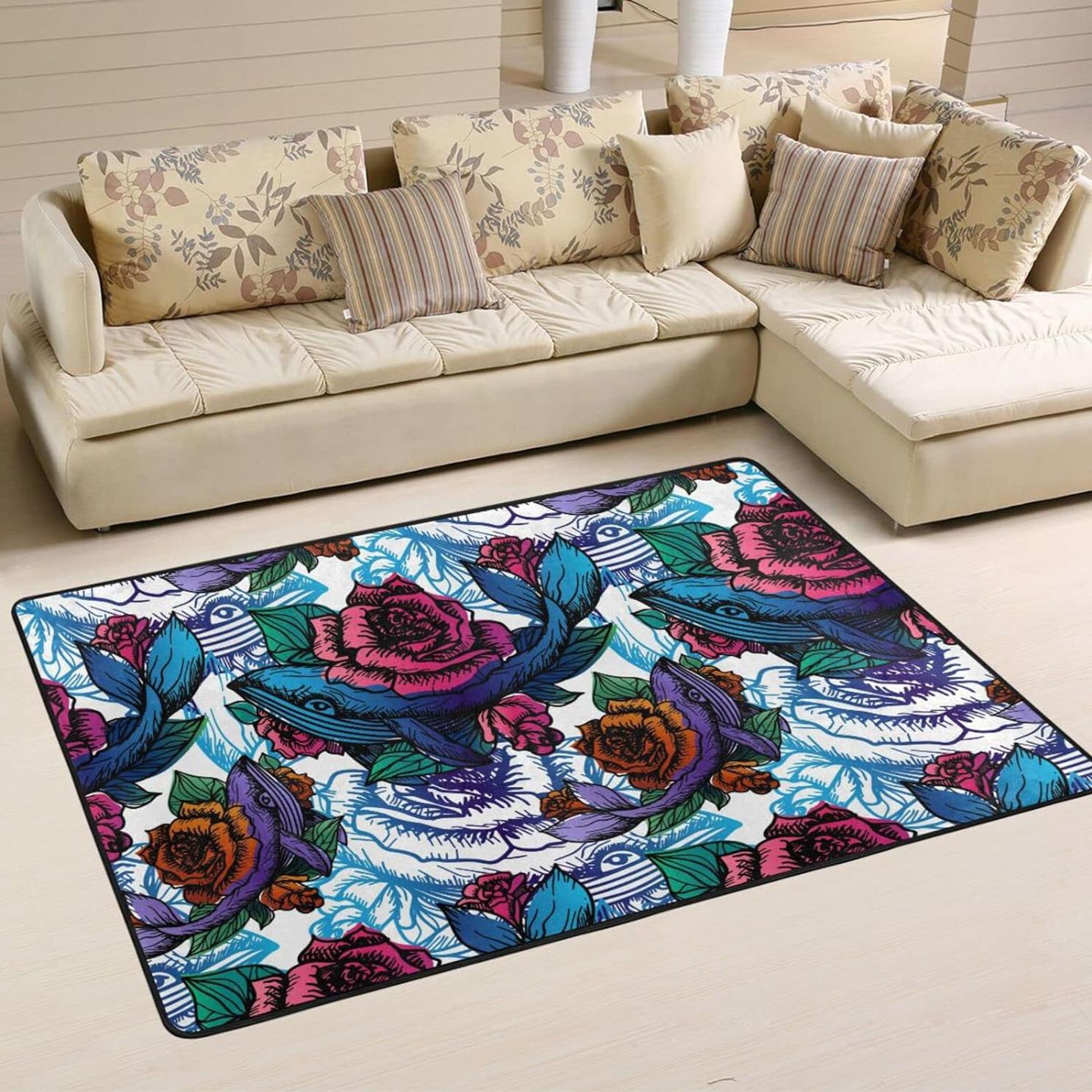 Bestwell Vintage Whale Roses Area Rug, 36×24in, Non-Slip Floor Carpet ...