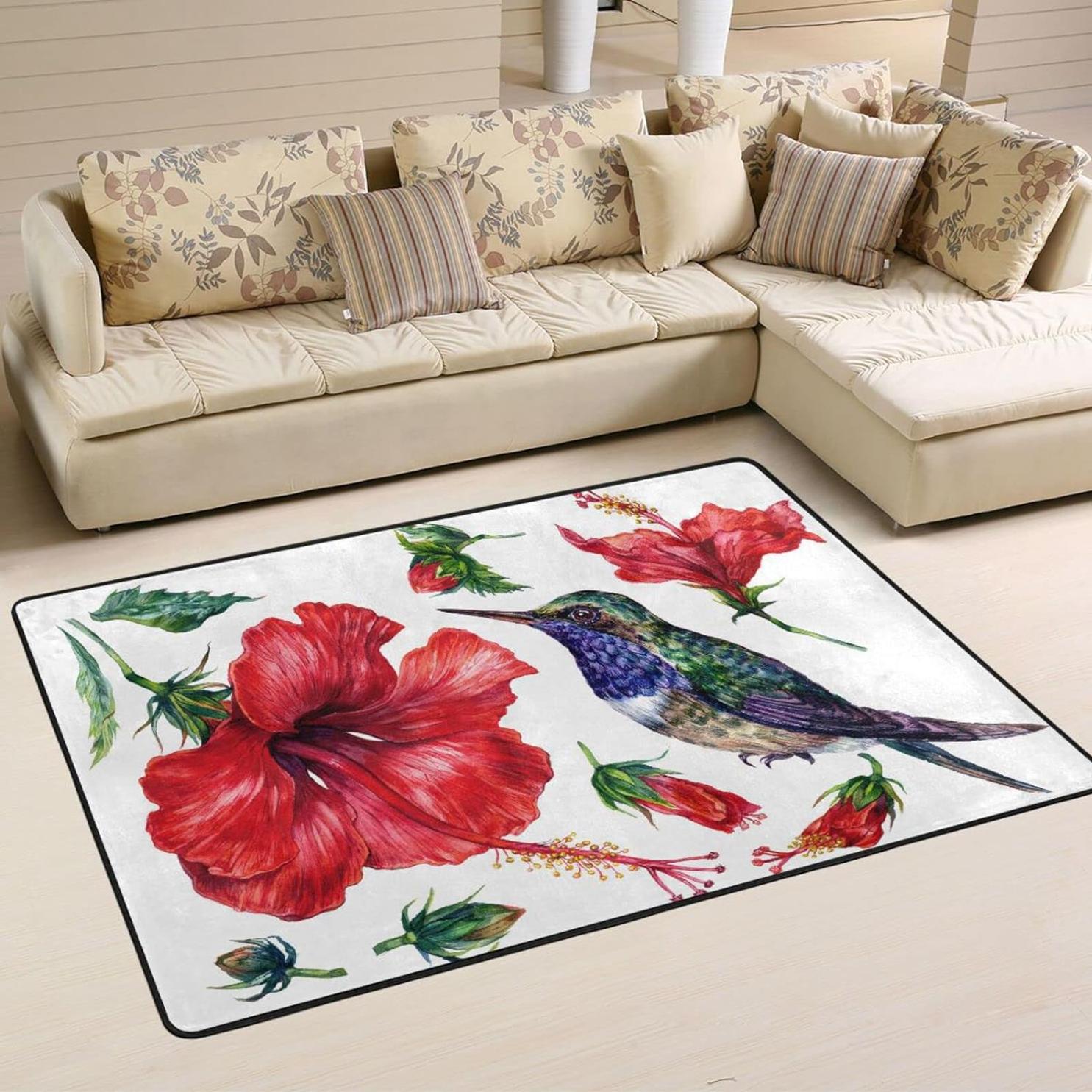 Bestwell Watercolor Hummingbird Gothic Area Rug,72"×48" Non-Slip Floor ...