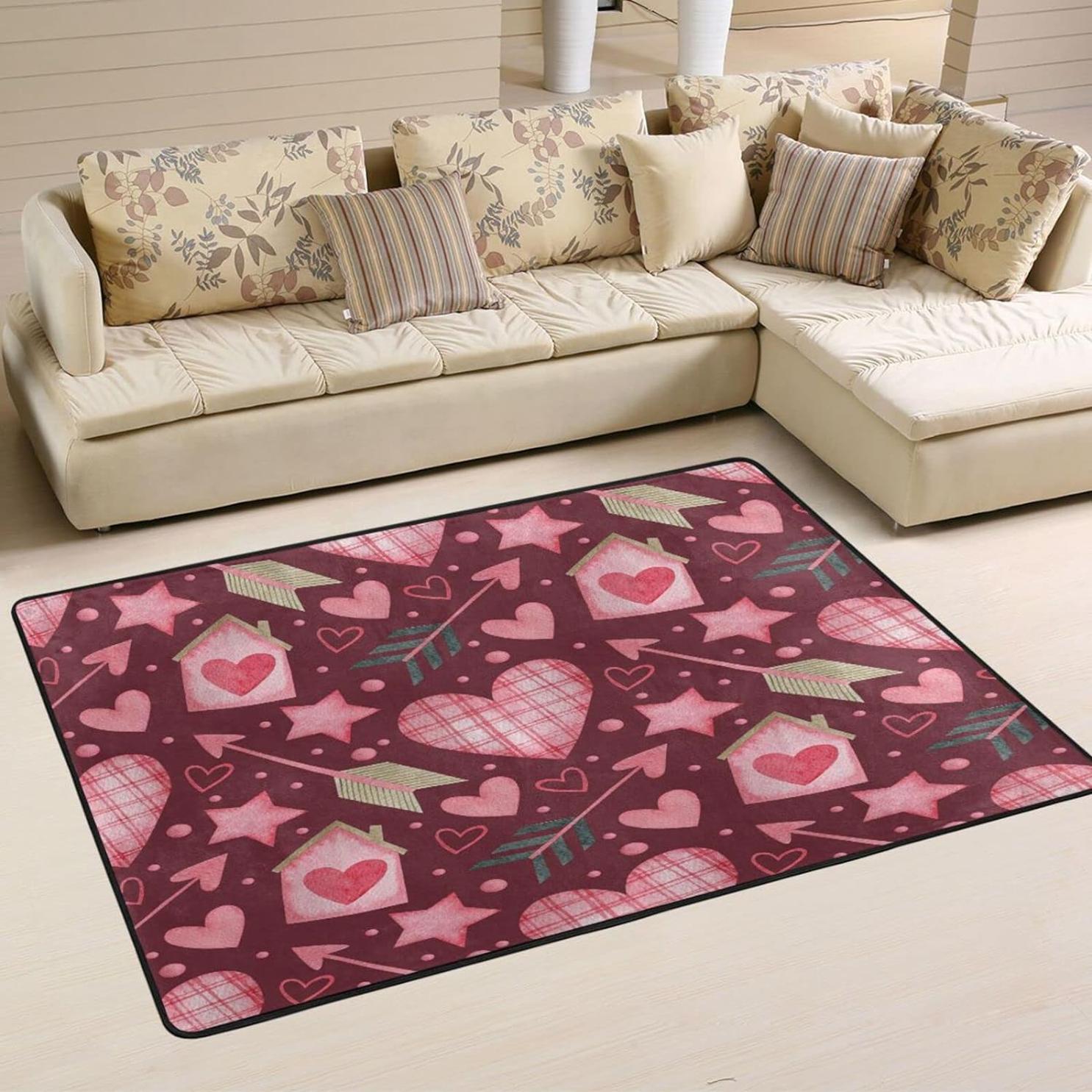 Bestwell Watercolor Valentine Heart Arrow Non-Slip Area Rug, Cartoon ...