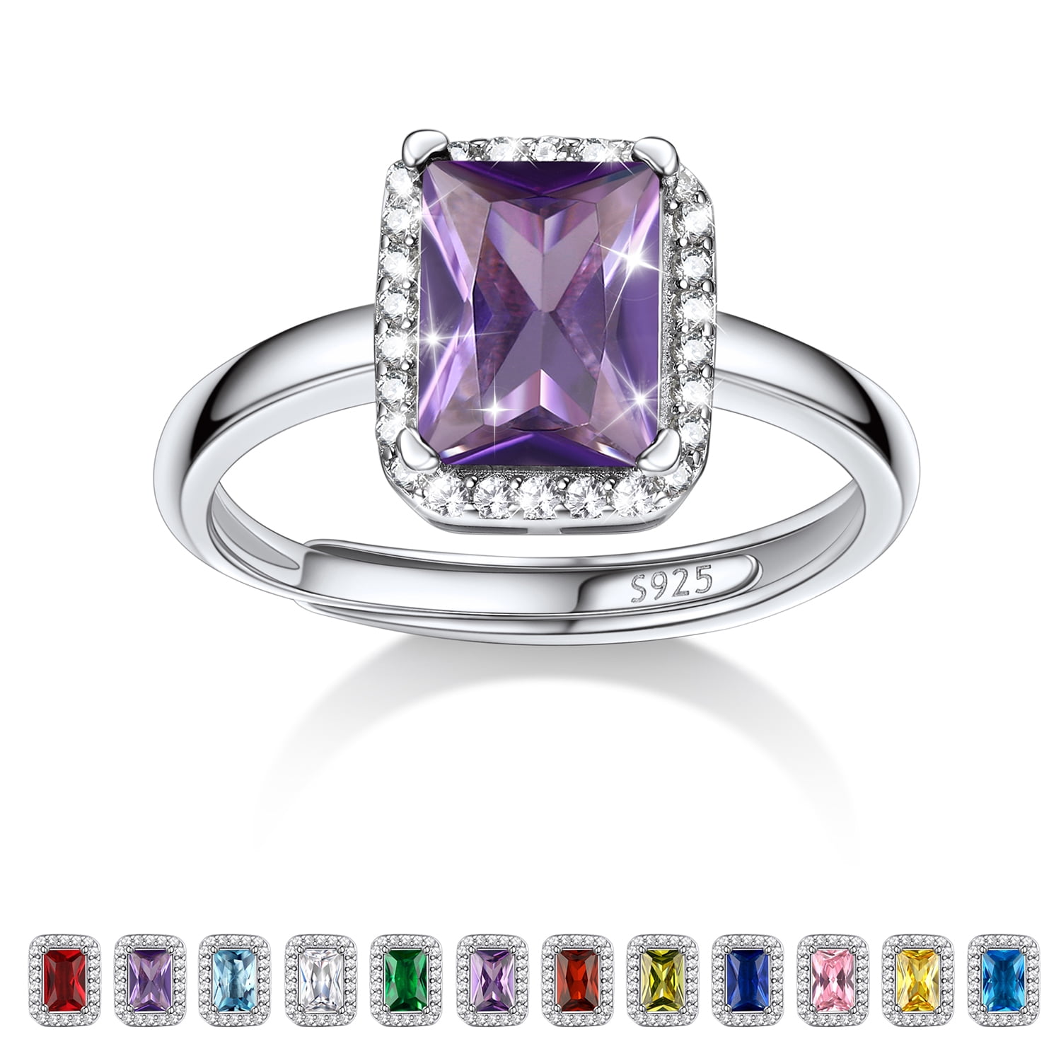 Bestyle 2ct Open Square-Cut Amethyst Birthstone Rings Sterling Silver ...
