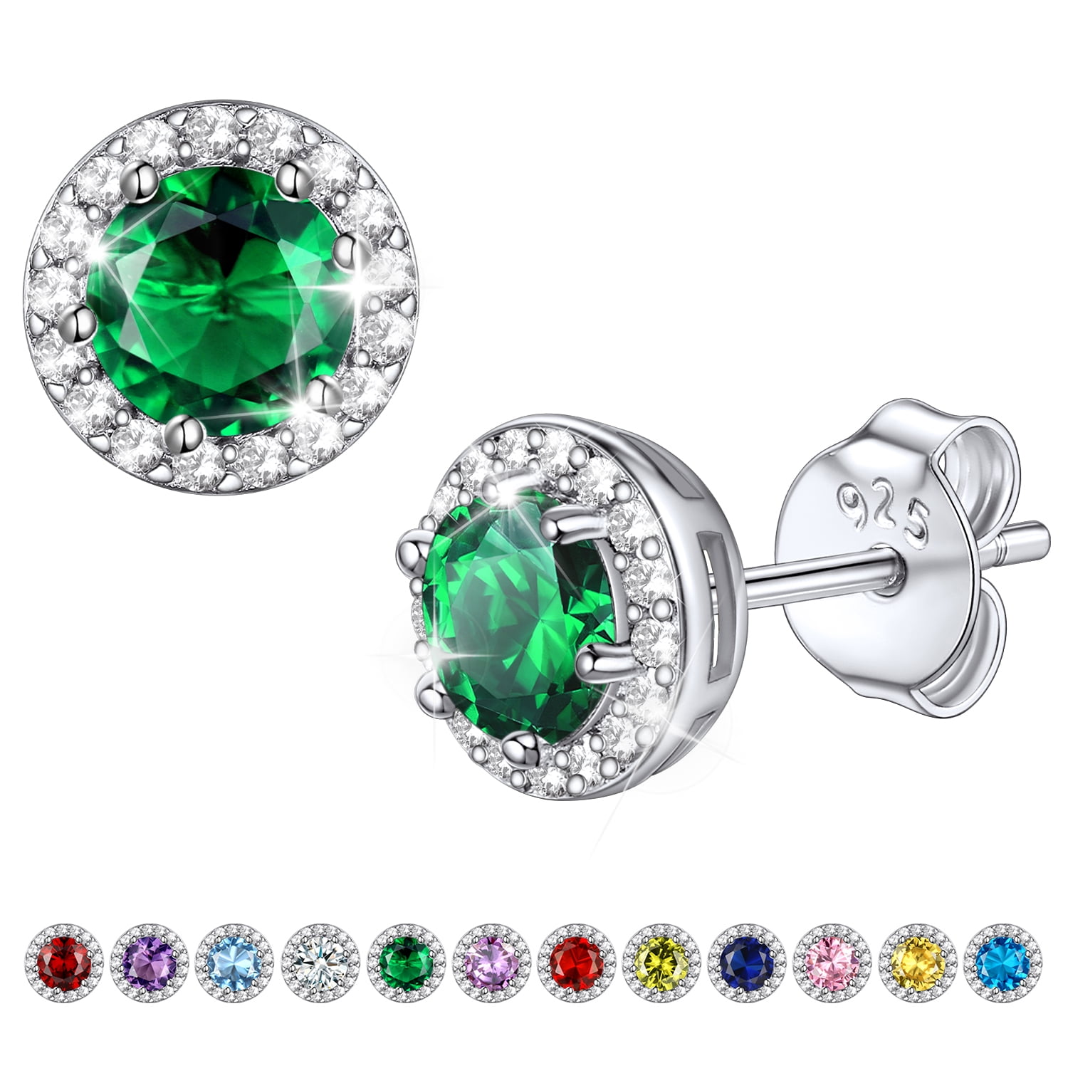 Bestyle May Birthstone Stud Earrings, 925 Sterling Silver, Green Emerald, Round, Crystal, Women ...