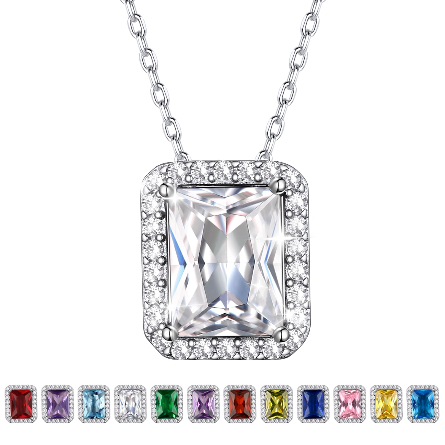 Bestyle 925 Sterling Silver Chain Necklace Square Cut Birthstone Necklaces April White Diamond ...
