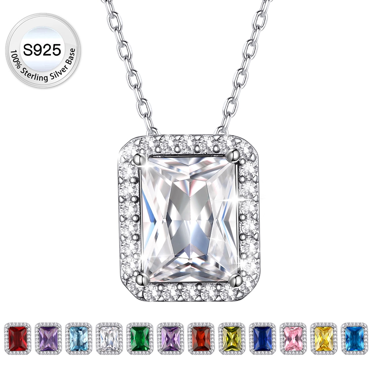 Bestyle Pure 925 Sterling Silver Pendant Necklace Square Cut Crystal ...